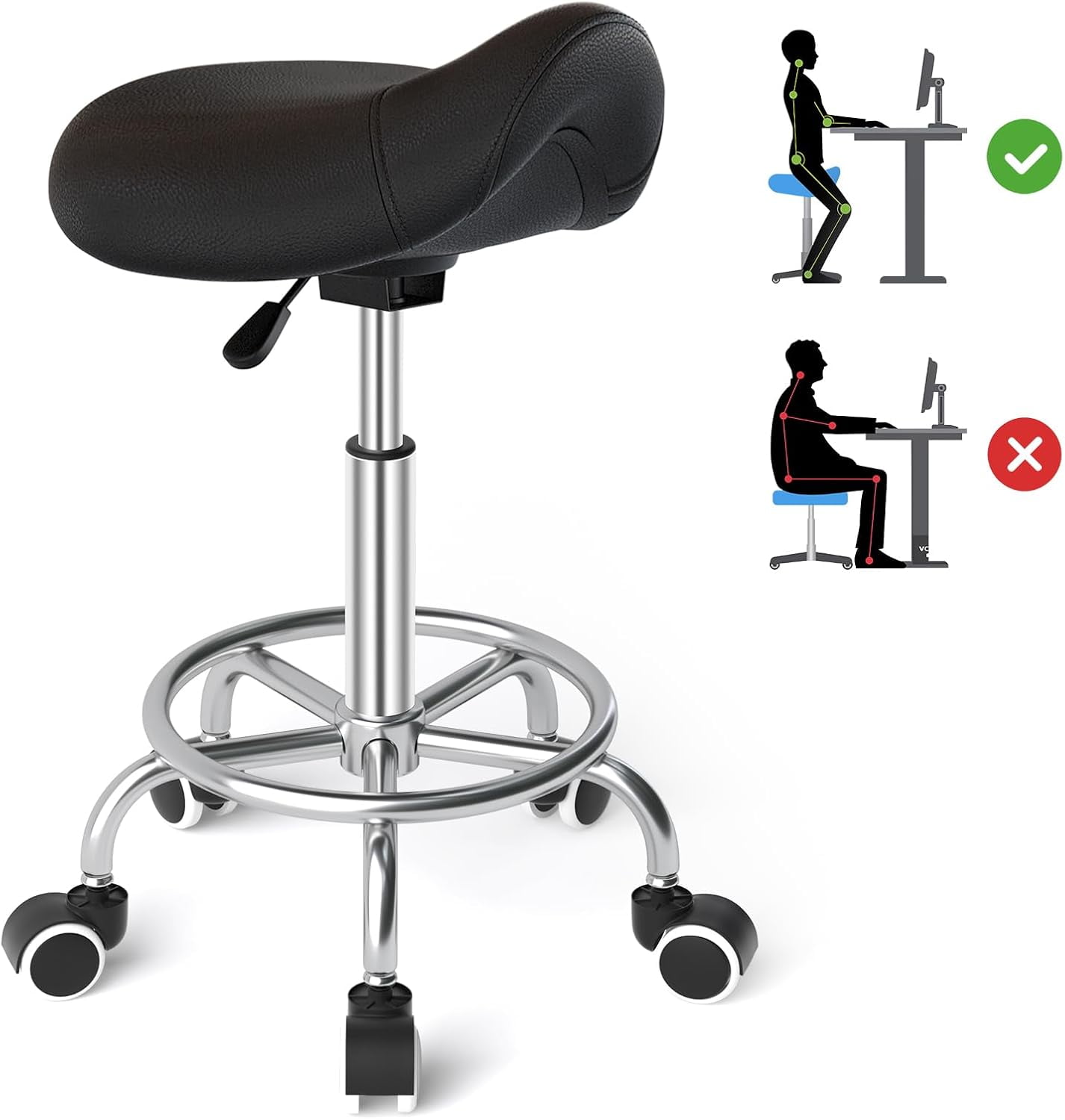 Saddle Stool Ergonomic- Comfortable Rolling Saddle Stool with Wide ...