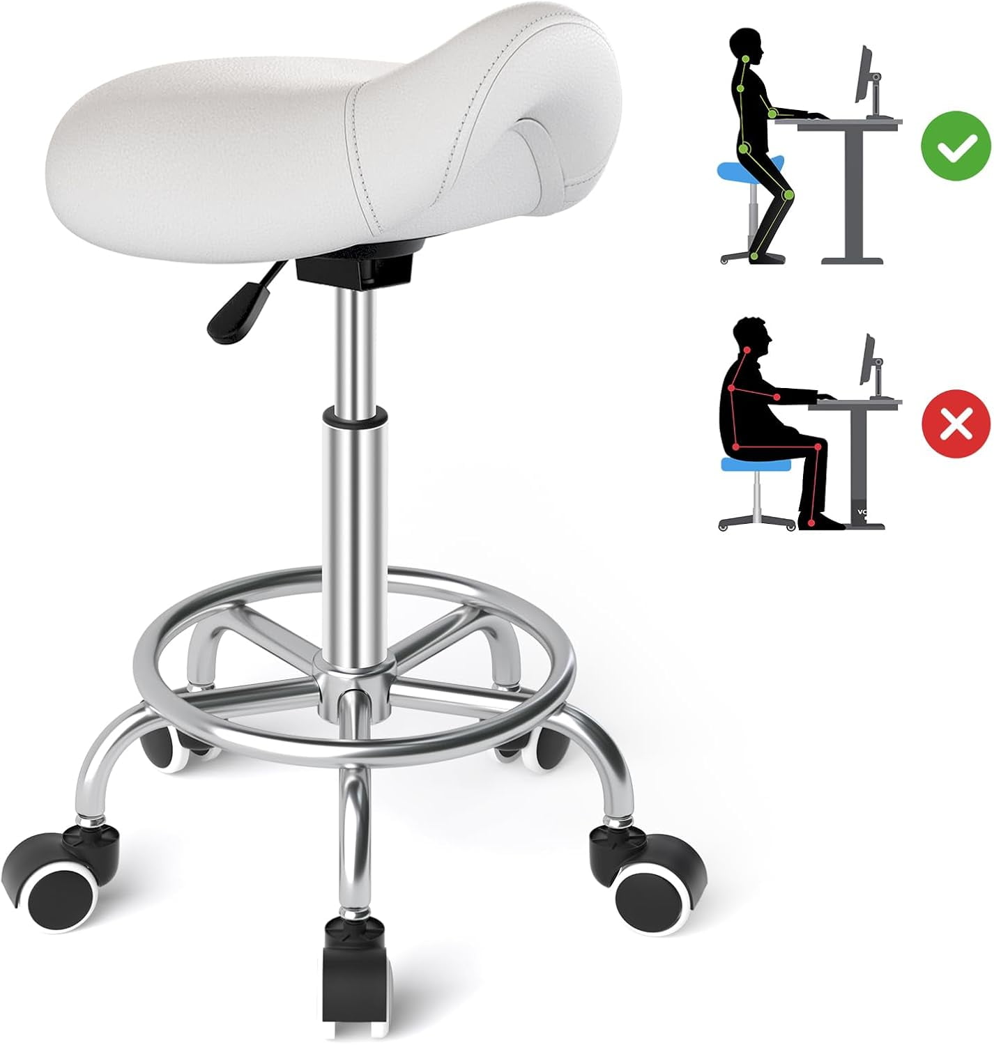 Saddle Stool Ergonomic- Comfortable Rolling Saddle Stool with Wide Thick Saddle Seat Padding ...