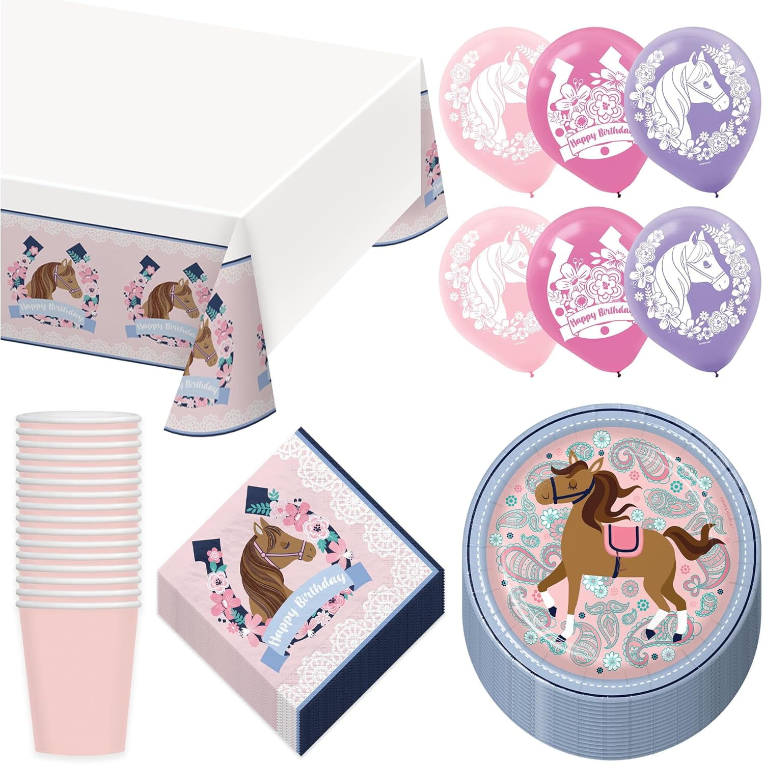 Saddle Up Horse & Floral Party Pack - Paper Plates, Napkins, Cups ...