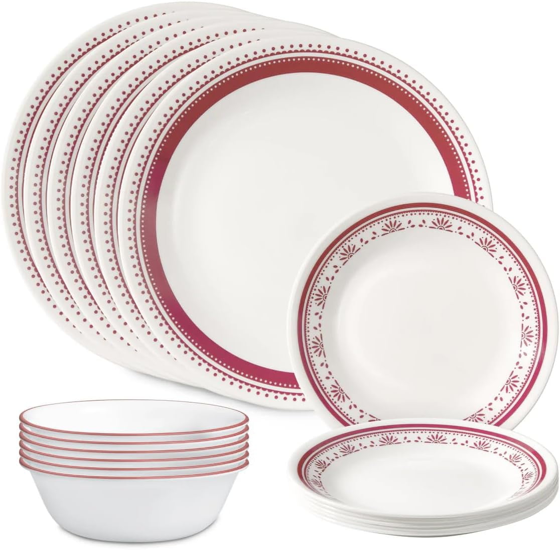 Sadie 18-Piece Dinnerware Set, Service for 6, Durable and Eco-Friendly, Higher Rim Glass Plate ...