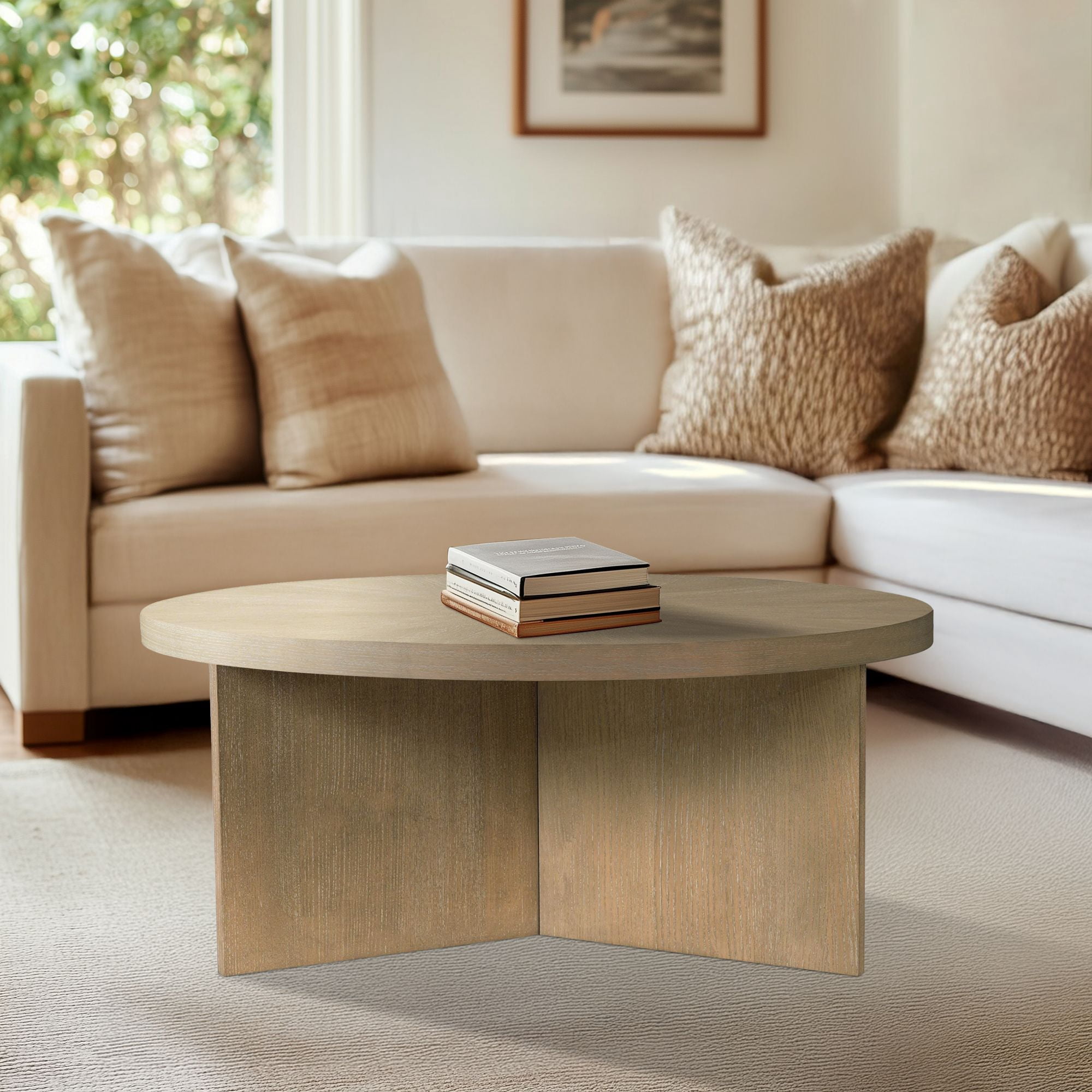 Sadie Round Coffee Table: 36" Greige Reclaimed Wood Look with Starburst ...