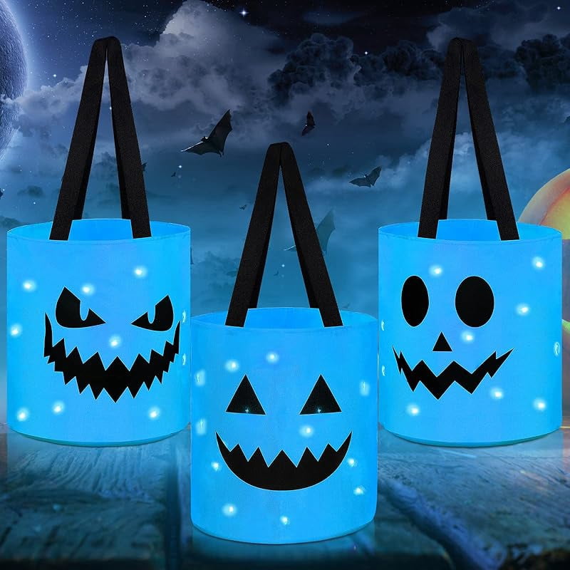 Sadnyy 3 Pcs Halloween Trick or Treat Bags Light up for Kids Pumpkin ...