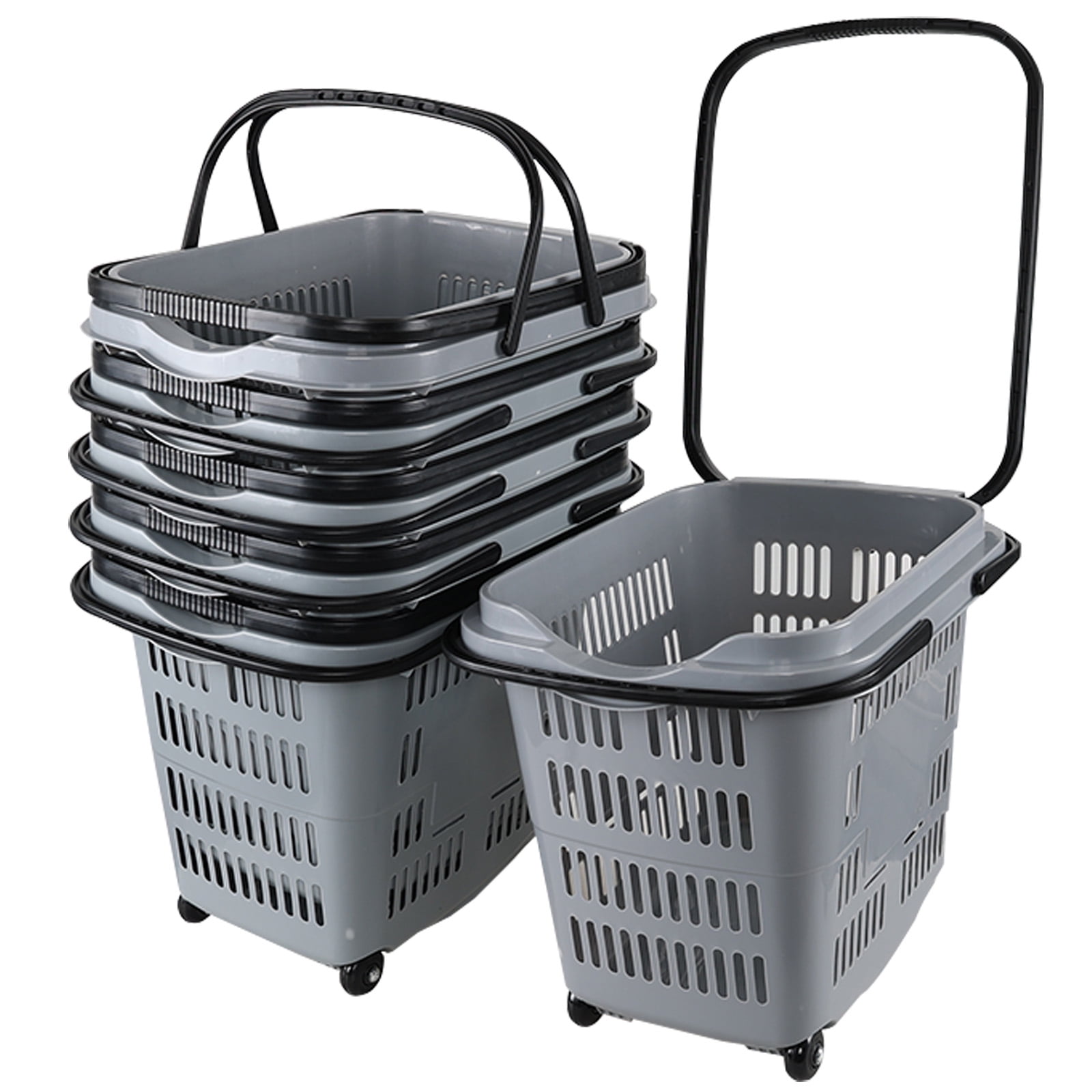 Saedy 6 Pack Gray Plastic Shopping Baskets with Wheels, 50 Liter ...