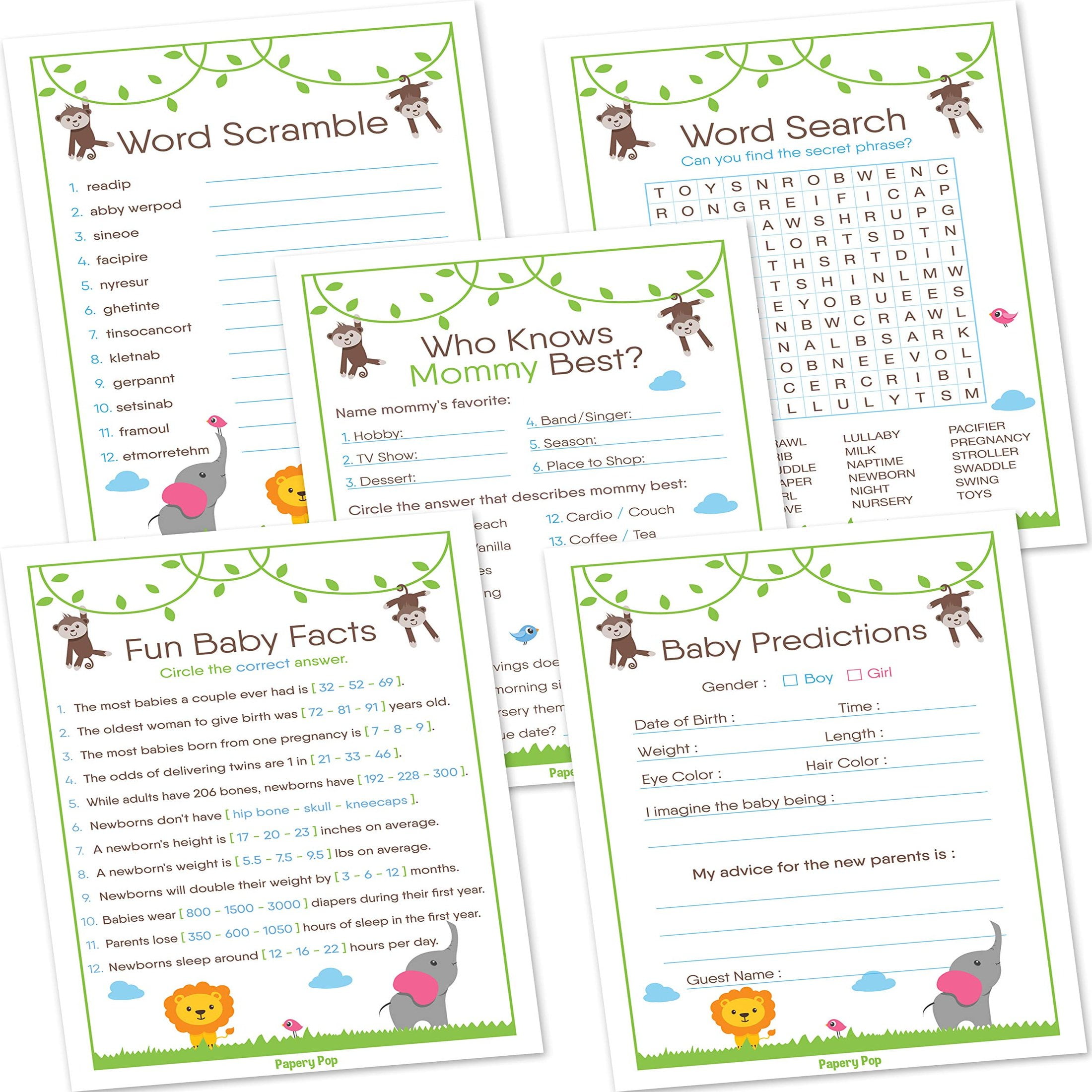 Safari Adventure Baby Shower Game Set - 5 Engaging Activities for 50 ...
