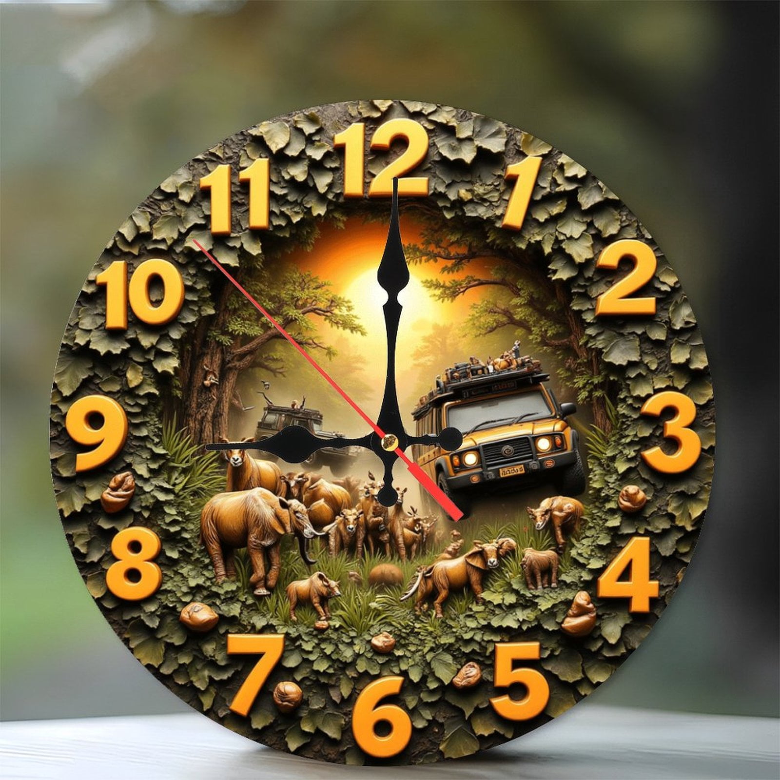 Safari Adventure Clock Wall Decor African Animals 10-Inch Silent Wooden ...
