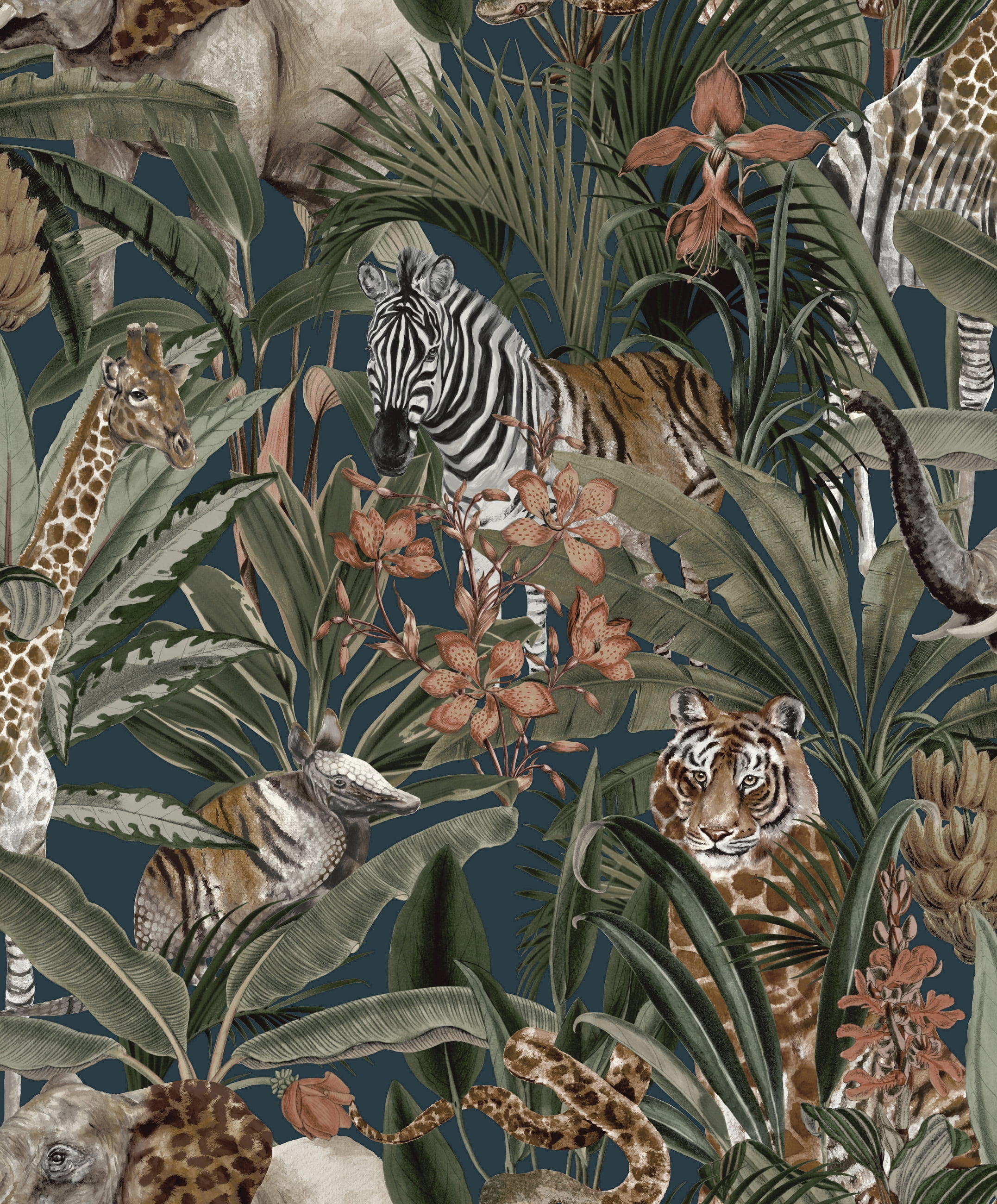 Safari Animal Fusion Wallpaper Navy Blue – Quirky Safari Animal ...
