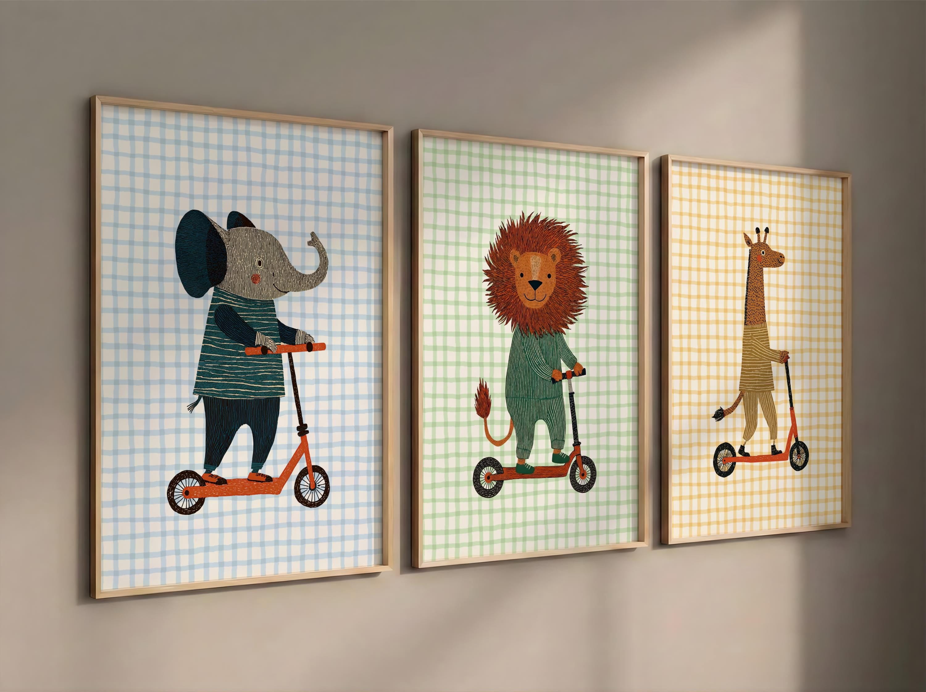 Safari Animal Scooter Prints Elephant Lion Giraffe Wall Art Nursery ...
