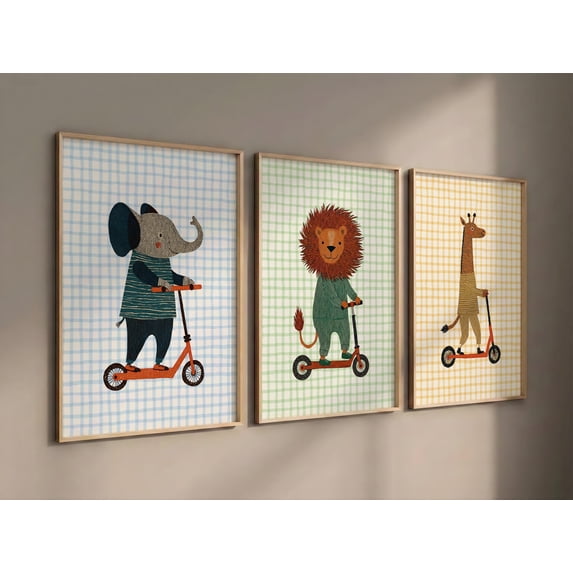 Safari Animal Scooter Prints Elephant Lion Giraffe Wall Art Nursery ...