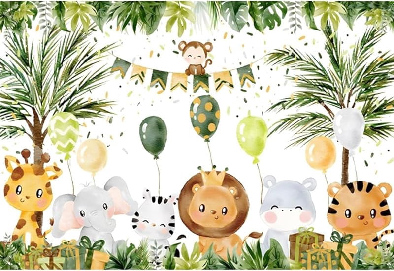 Safari Animals Backdrop Jungle Wild Animal Theme Tropical Green Palm ...