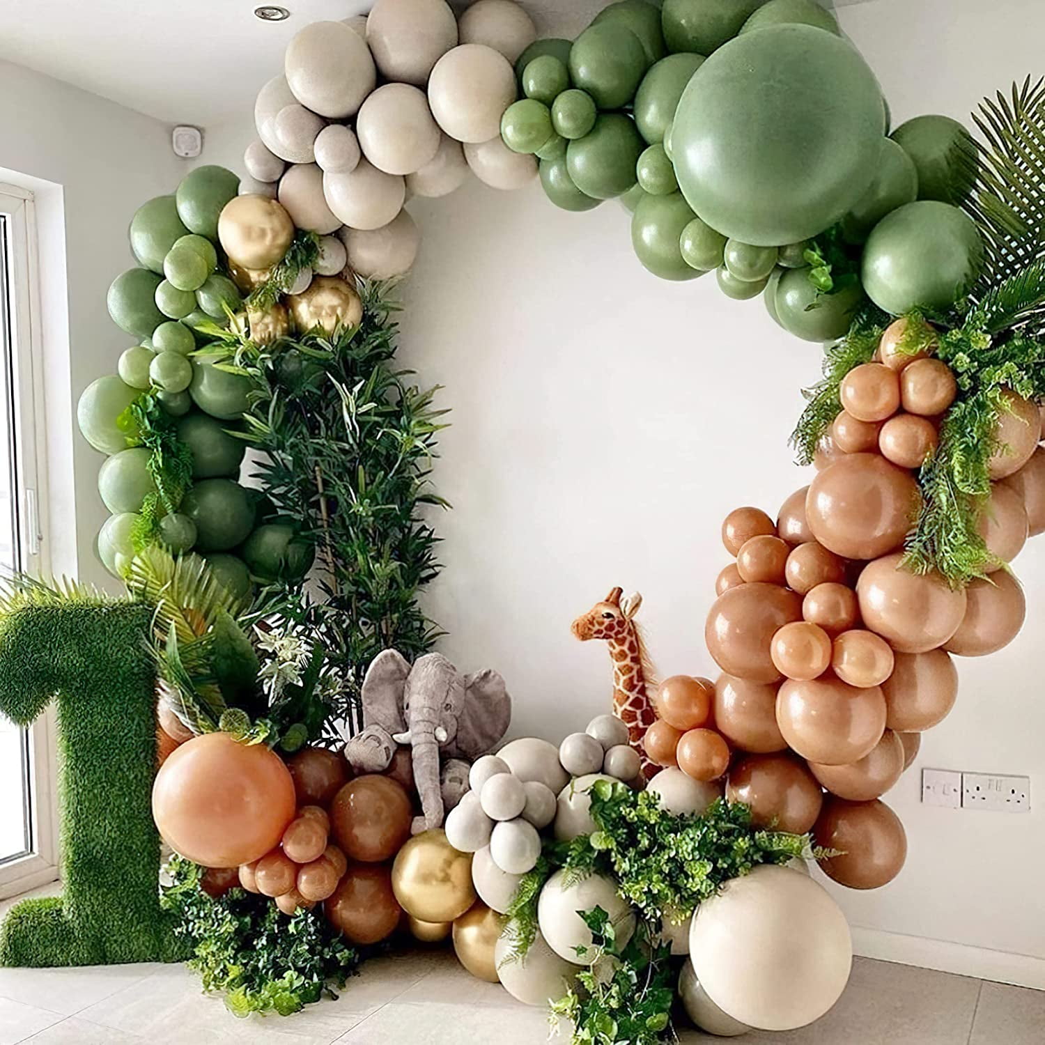 Safari Balloon Garland Kit 155 Pcs - Sage Green and Gold Brown Jungle Animal Balloons Arch for ...