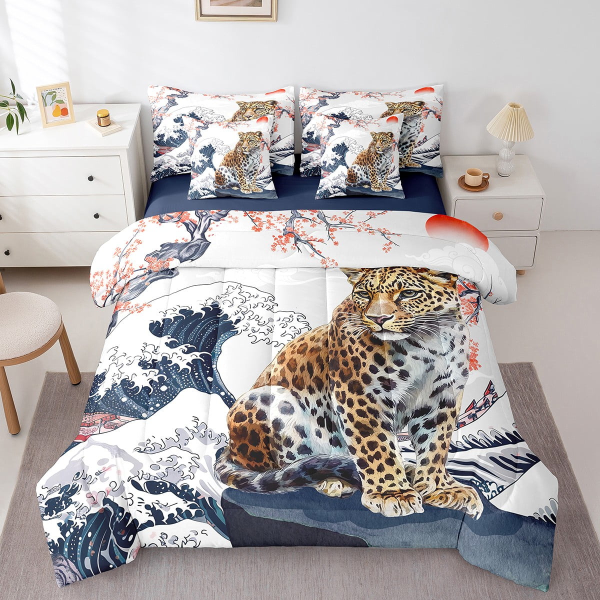Safari Cheetah Leopard Bedding Comforter Sets 7pcs Japanese Ukiyoe Bed ...