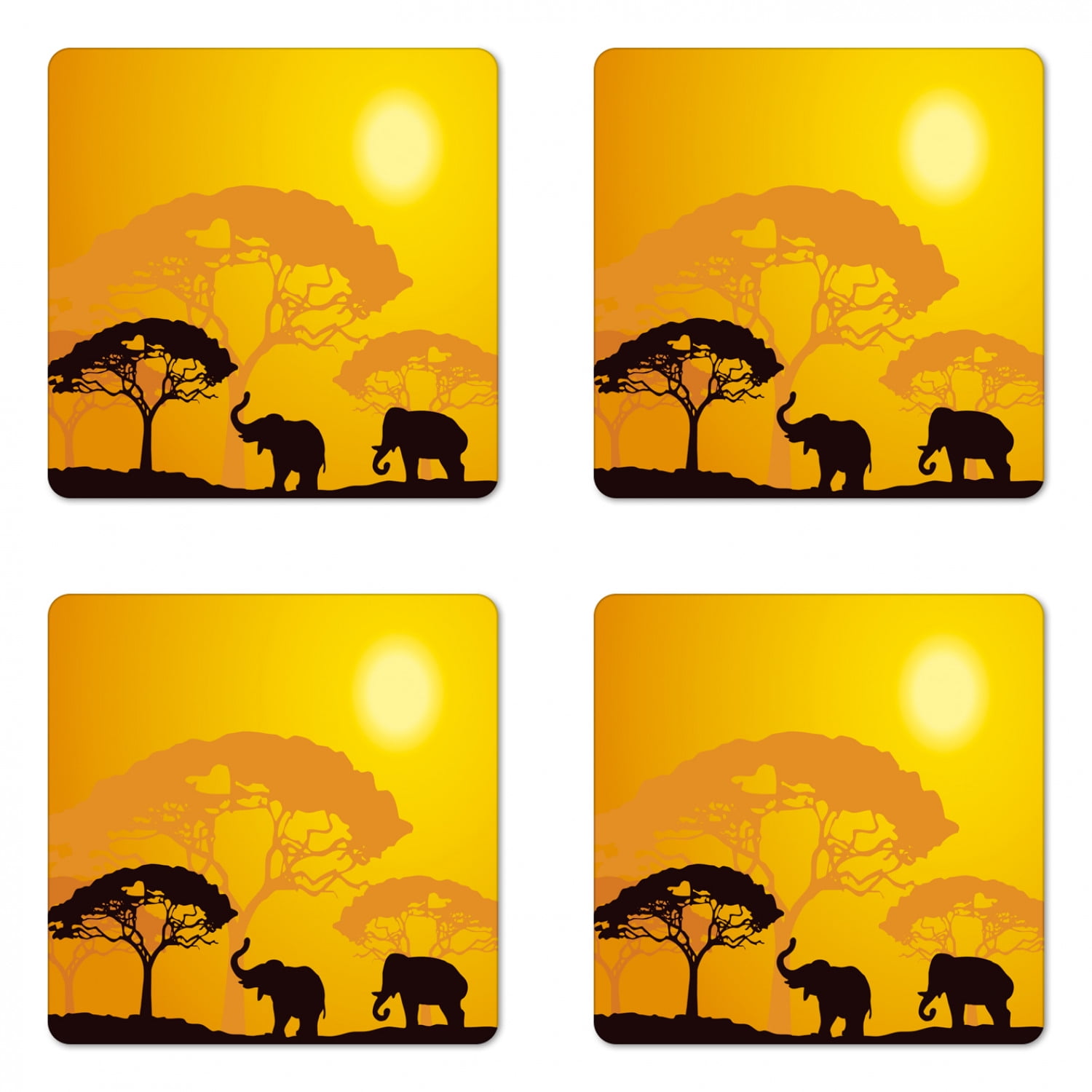 Safari Coaster Set of 4, Wildlife Animals Elephants Sun Beams Trees ...