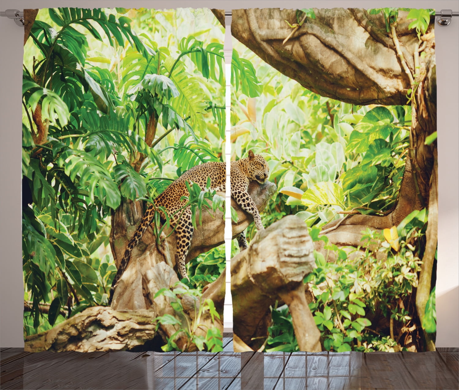 Ambesonne Leopard Curtains 2 Panel Set, Tropic Wild Jungle Leaf, 108" x ...