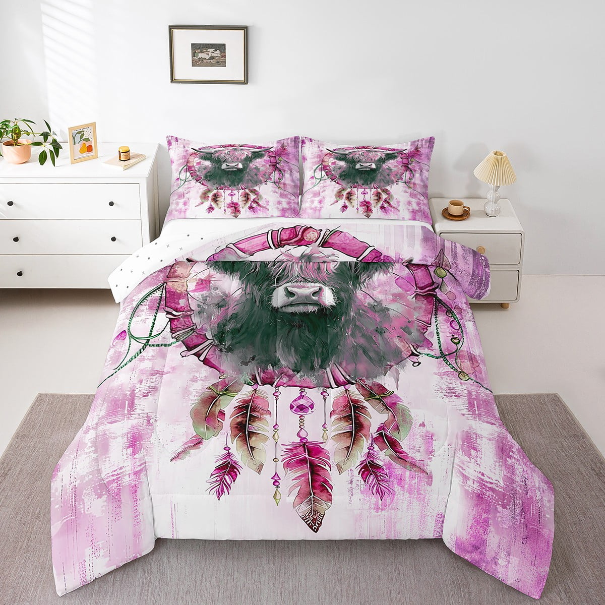 Safari Highland Cow Comforter Set Farm Animal Bedding Set,Bohemian ...