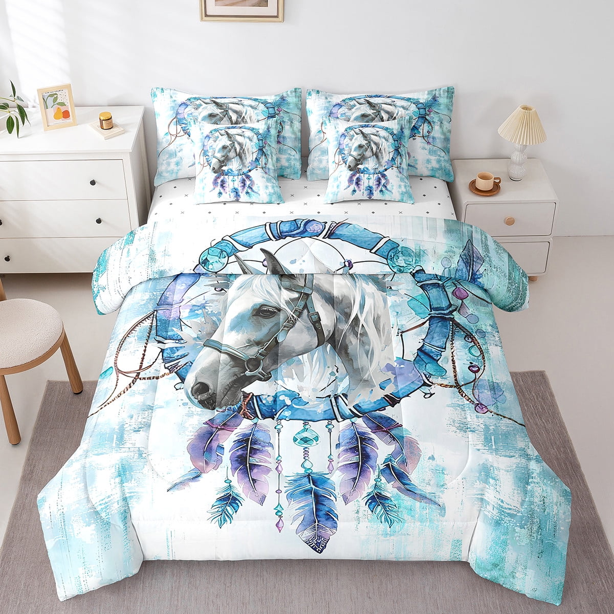 Safari Horse Bedding Comforter Sets 7pcs for Kids Boys Girls Farm Animal Bed in a Bag, Bohemian ...