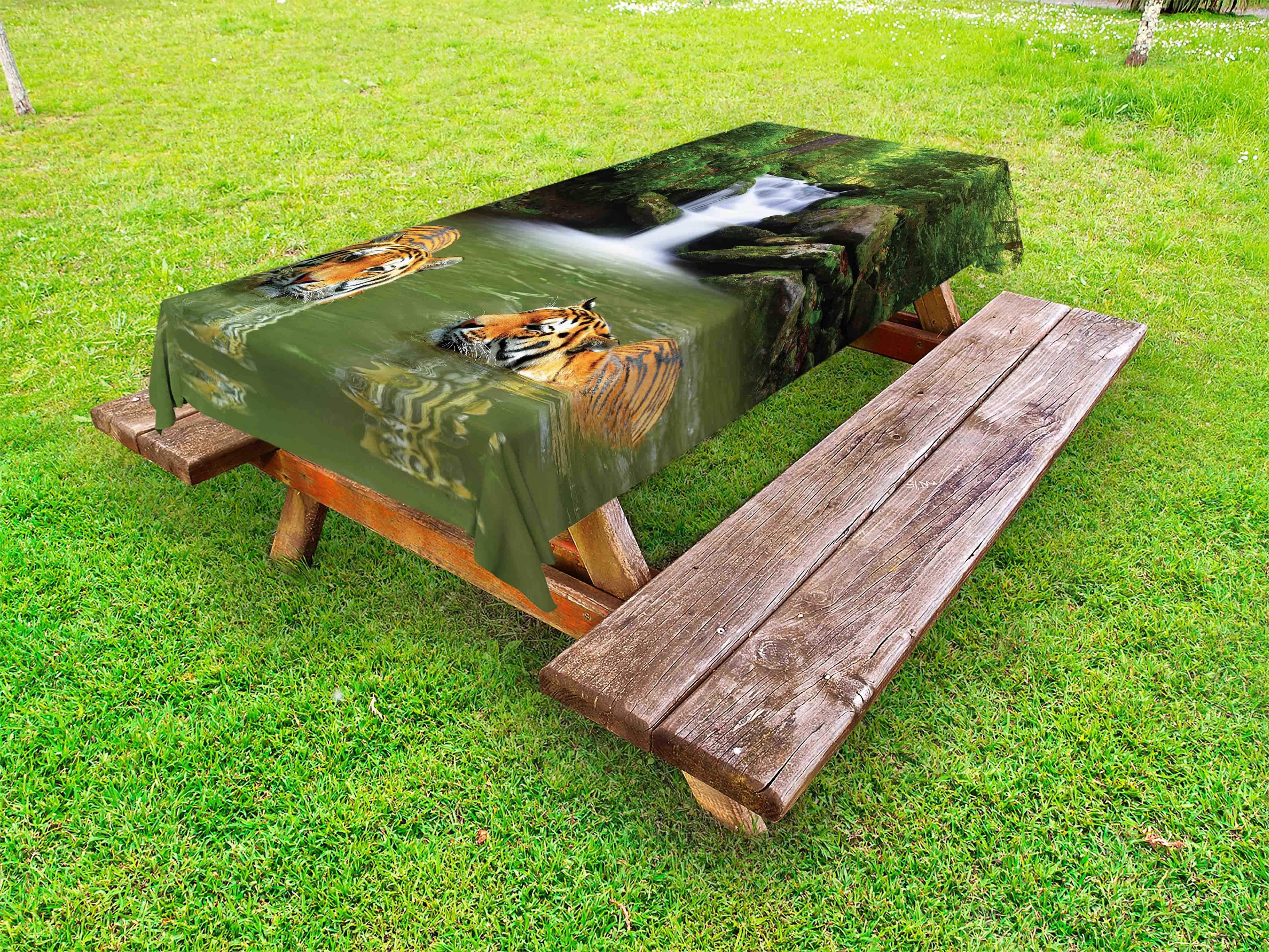 Safari Outdoor Tablecloth, Siberian Tigers in Water Waterfall Pool ...