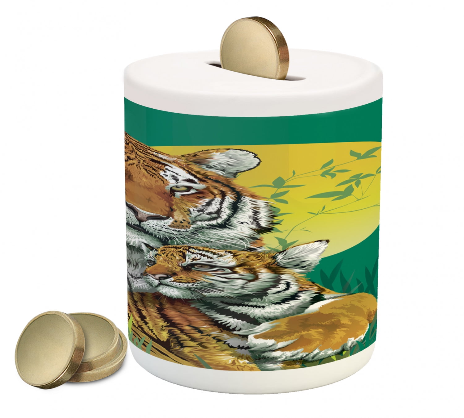 Safari Piggy Bank, Tiger Family in the Jungle Full Moonlight Night ...