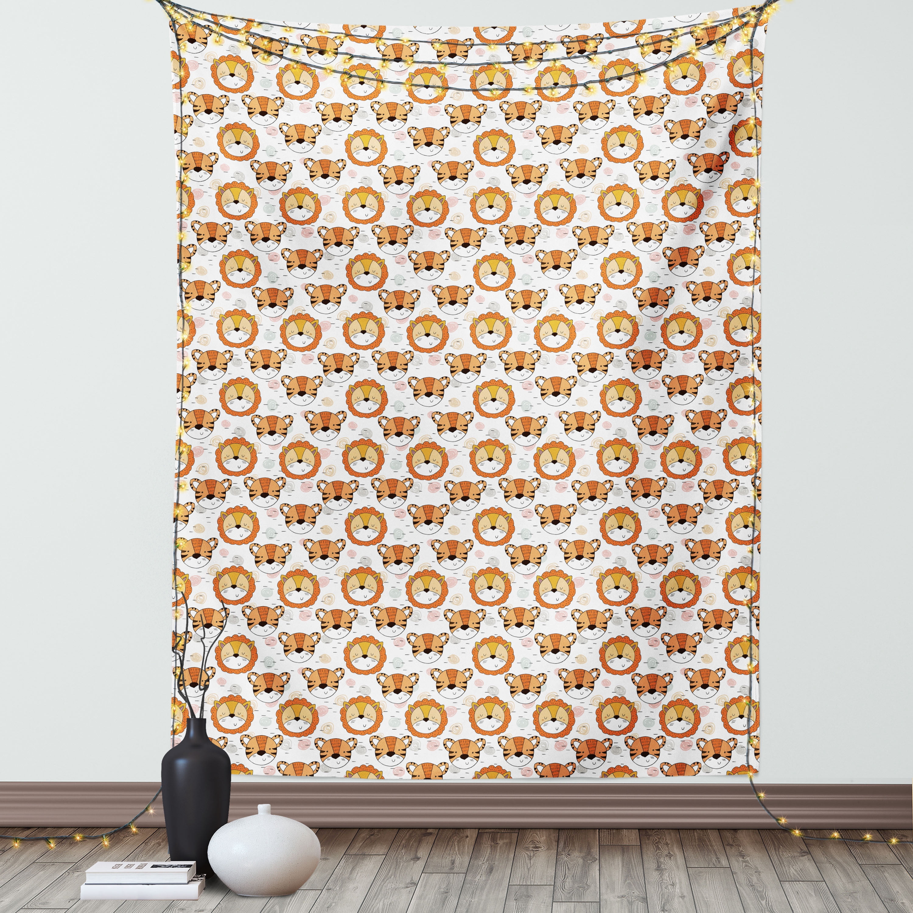 Safari Tapestry, Zoology Themed Pattern with Tiger and Lion Heads Sweet ...