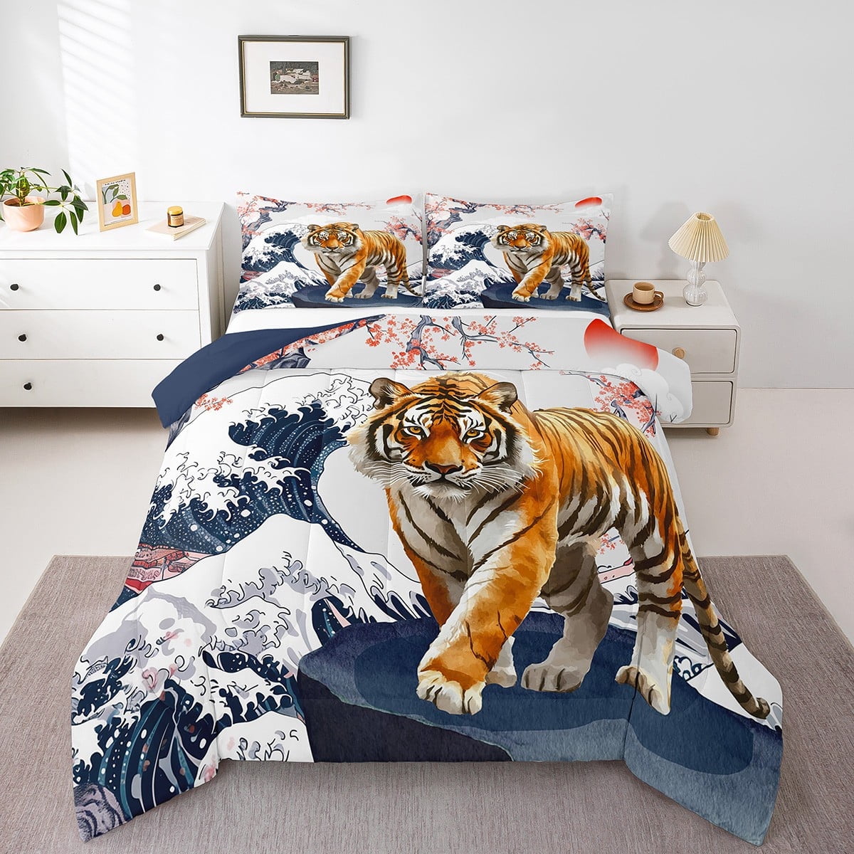 Safari Tiger Bedding Twin Size Japanese Ocean Wave Comforter Set Twin ...