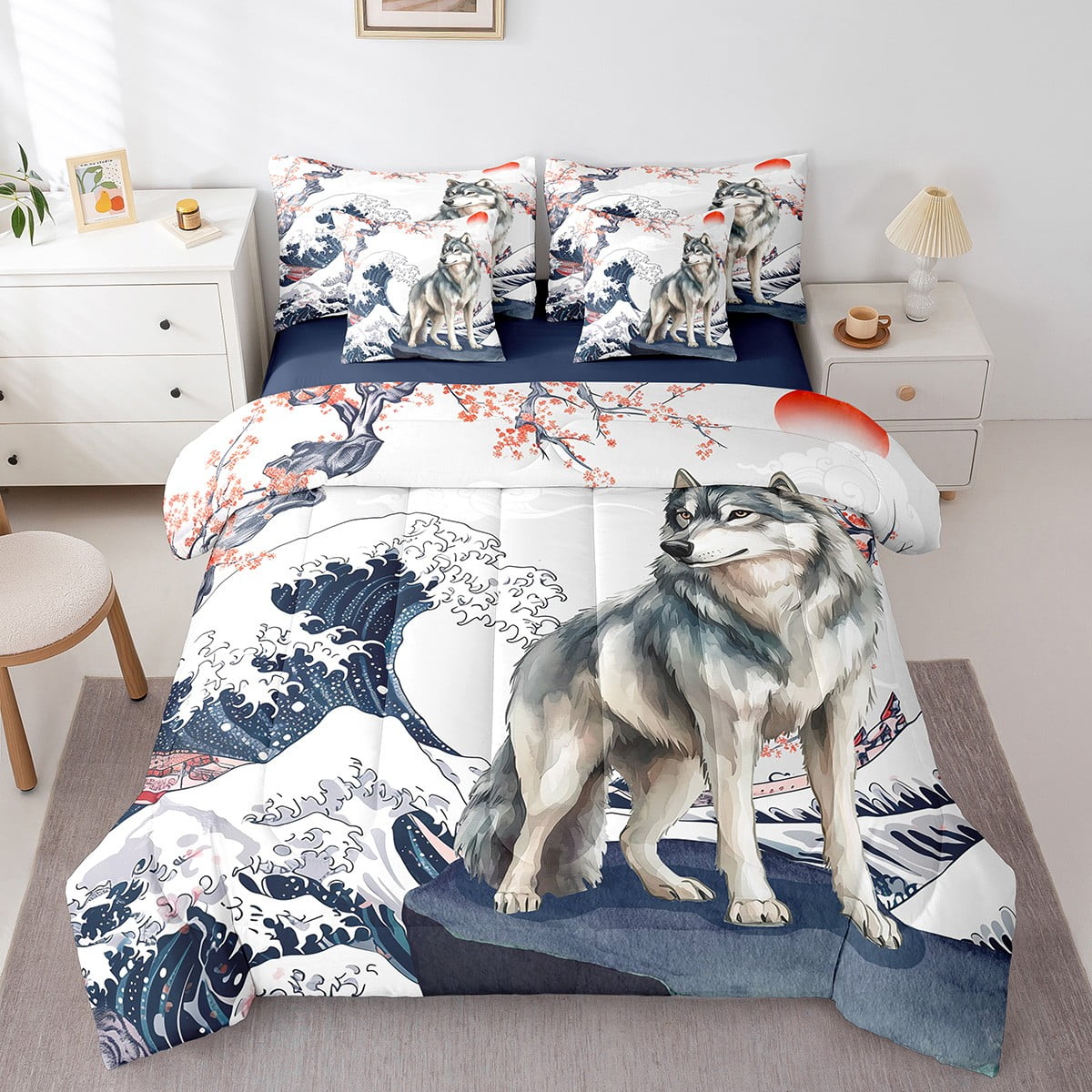 Safari Wolf Bedding Comforter Sets 7pcs Japanese Ukiyoe Bed in a Bag ...