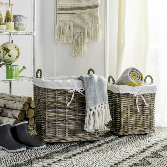 Safavieh Amari Rattan Square Hamper Baskets with Wheels, Two-in-One ...