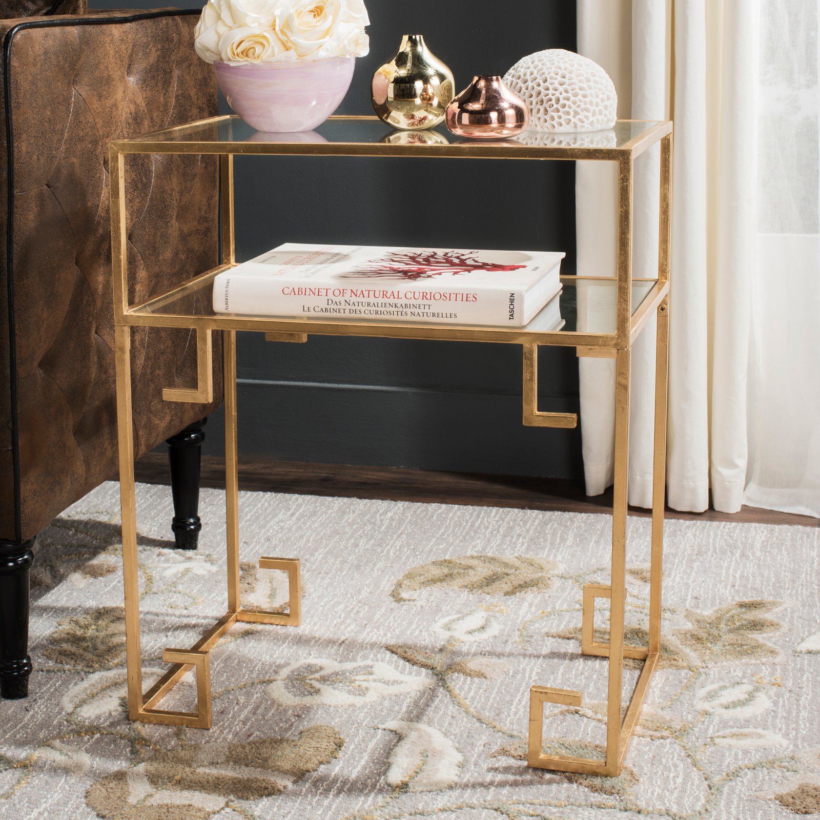 Safavieh Berdine Solid Glass Top Greek Key Table with Shelf, Gold ...