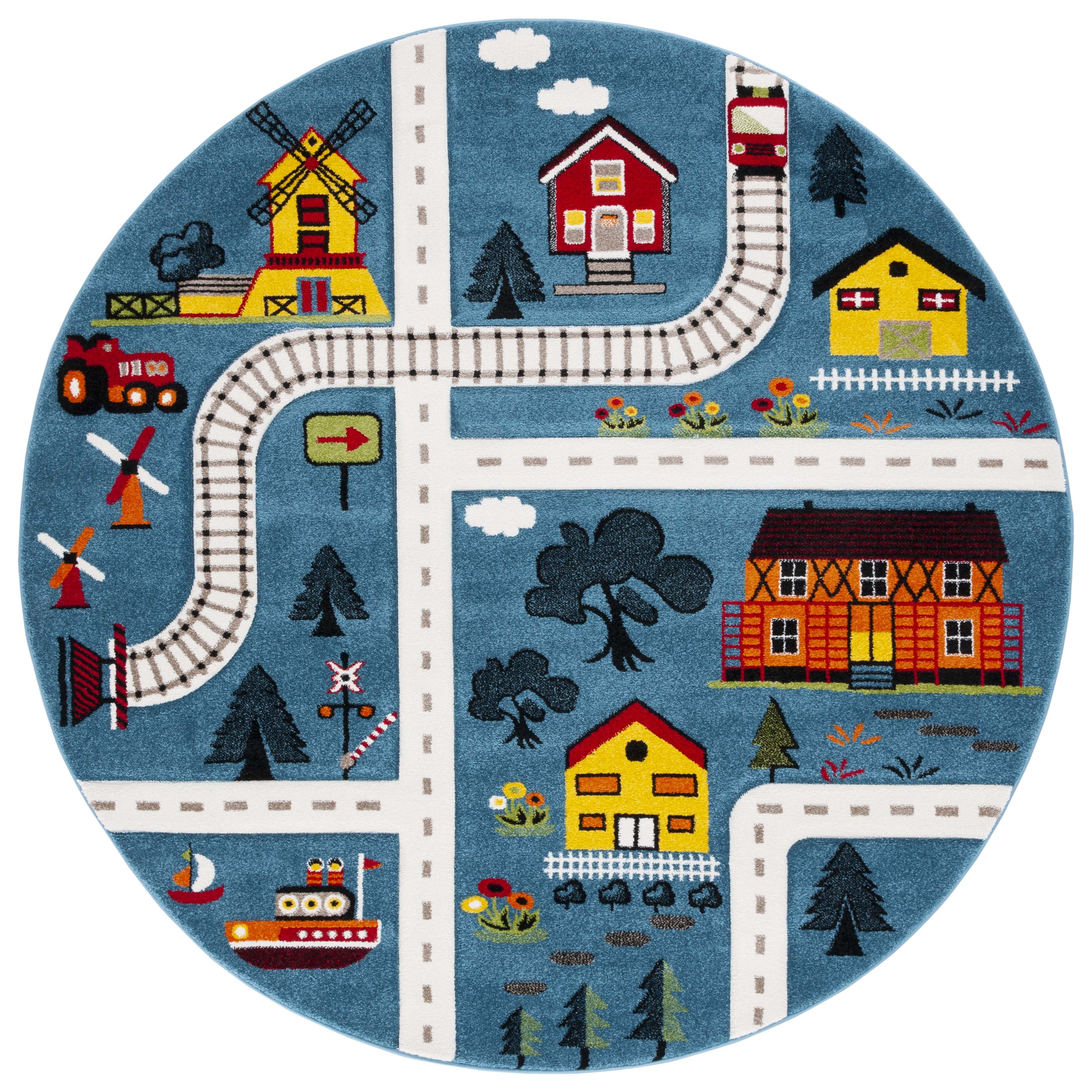 SAFAVIEH Carousel Kids Railroad Town Area Rug, Blue/Beige, 8' x 8 ...