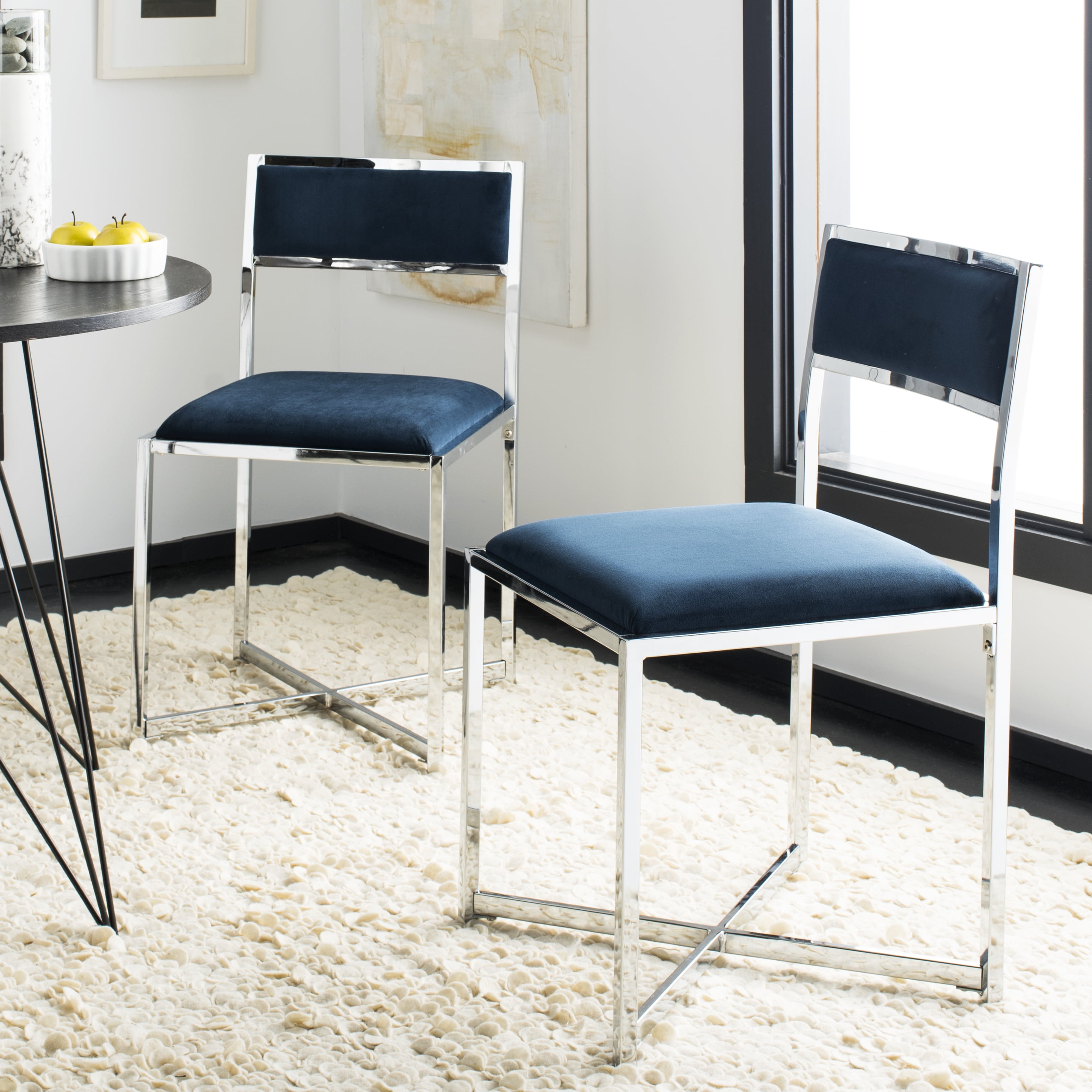 Safavieh Menken Modern Side Chair, Chrome Finish, Navy Leather, Set of ...