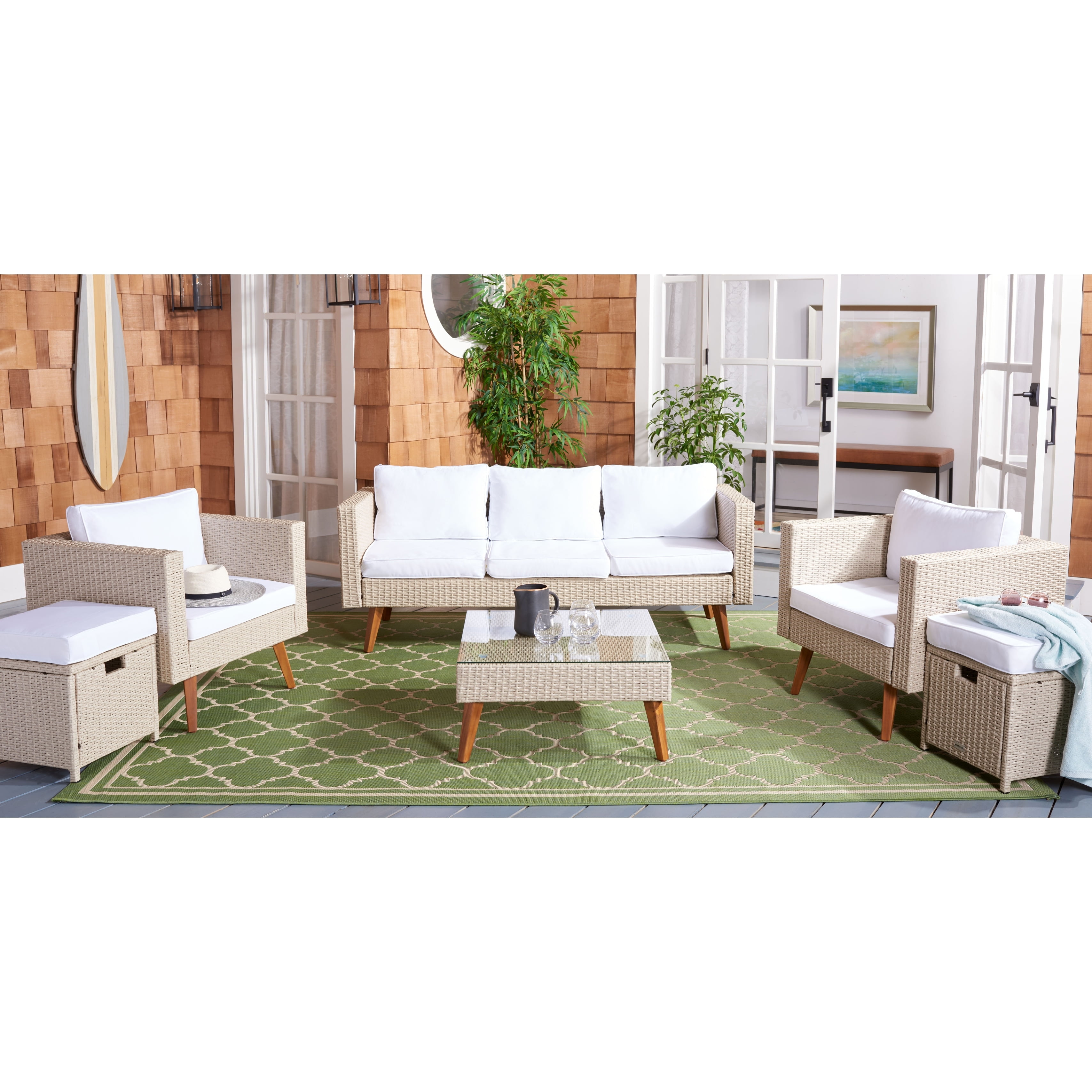 Safavieh Outdoor Living Presla 6-Piece Living Set Beige/White Cushion ...