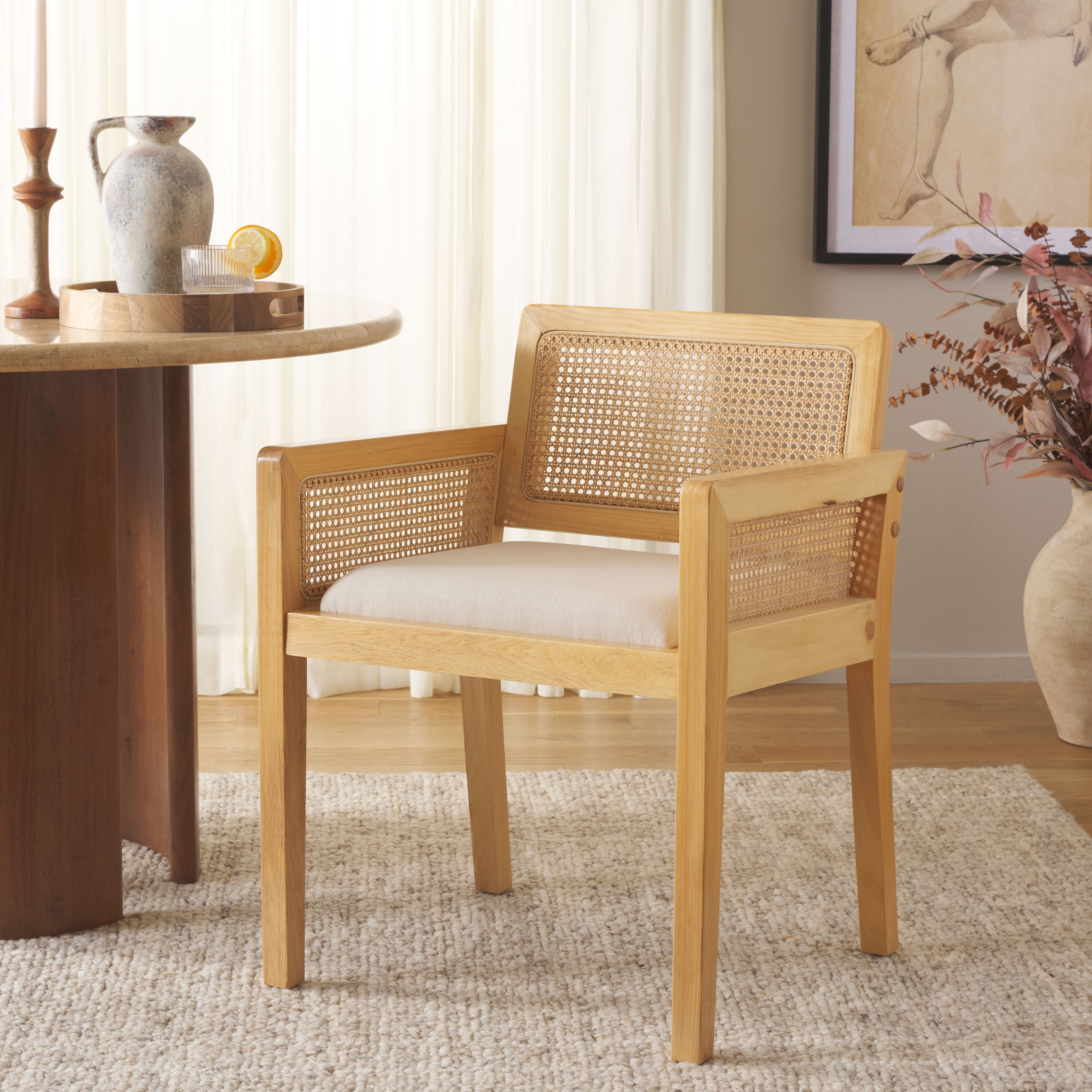 Safavieh Patrina Scandinavian Wood and Rattan Dining Arm Chairs ...