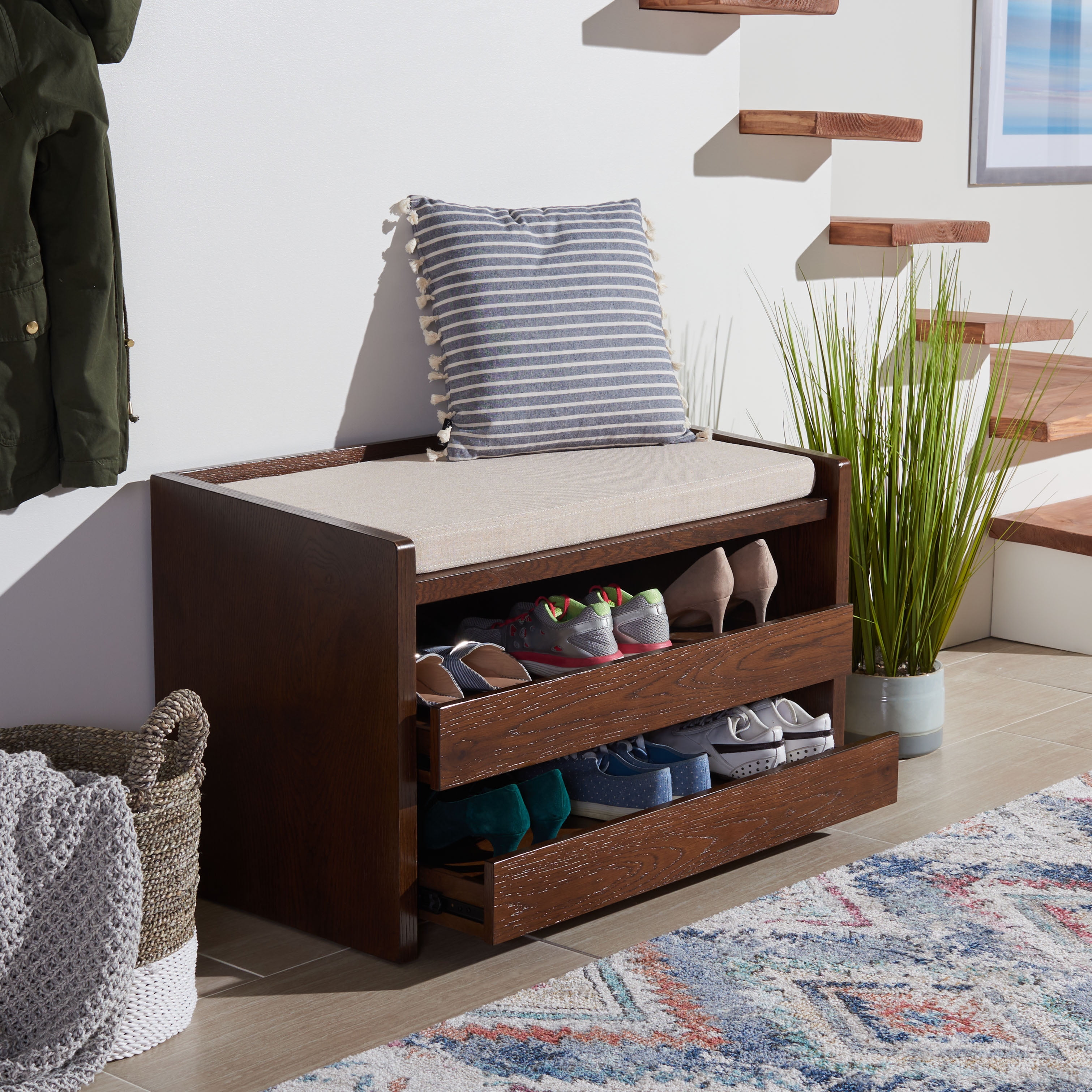 Safavieh Percy Storage Bench Furn Benches & Ottom, Beige / Walnut, 1' X ...