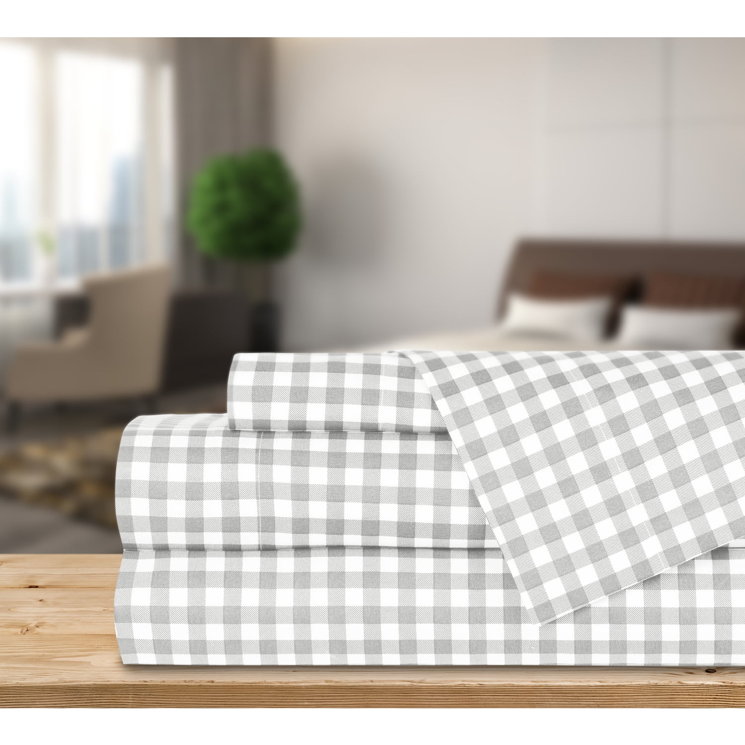 Safdie & Co. 4-piece Polyester Check Rustic Cottage Double Sheet Set in ...