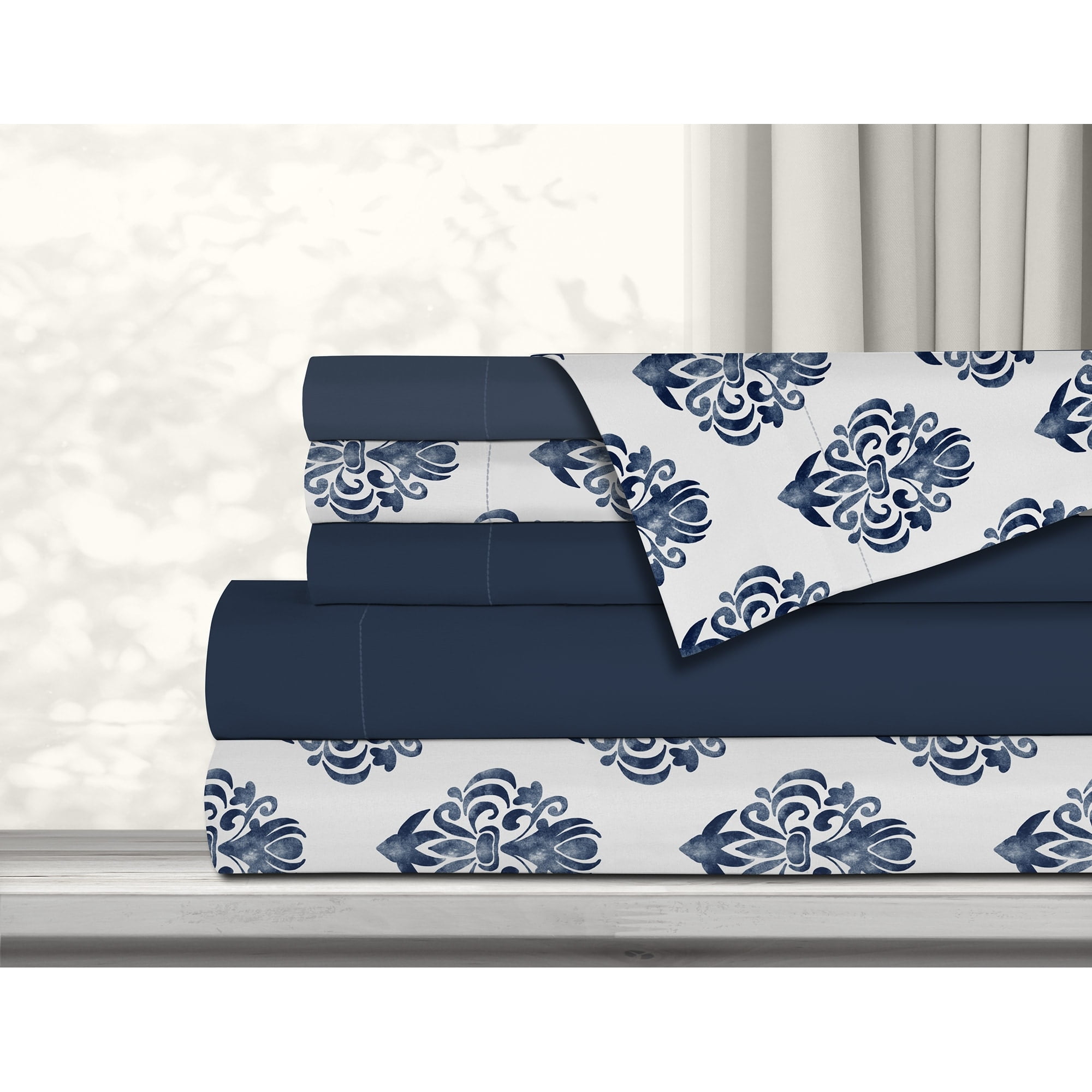 Safdie & Co. Antibacterial Printed Solid 6 Piece Double Navy Sheet Set - Walmart.com