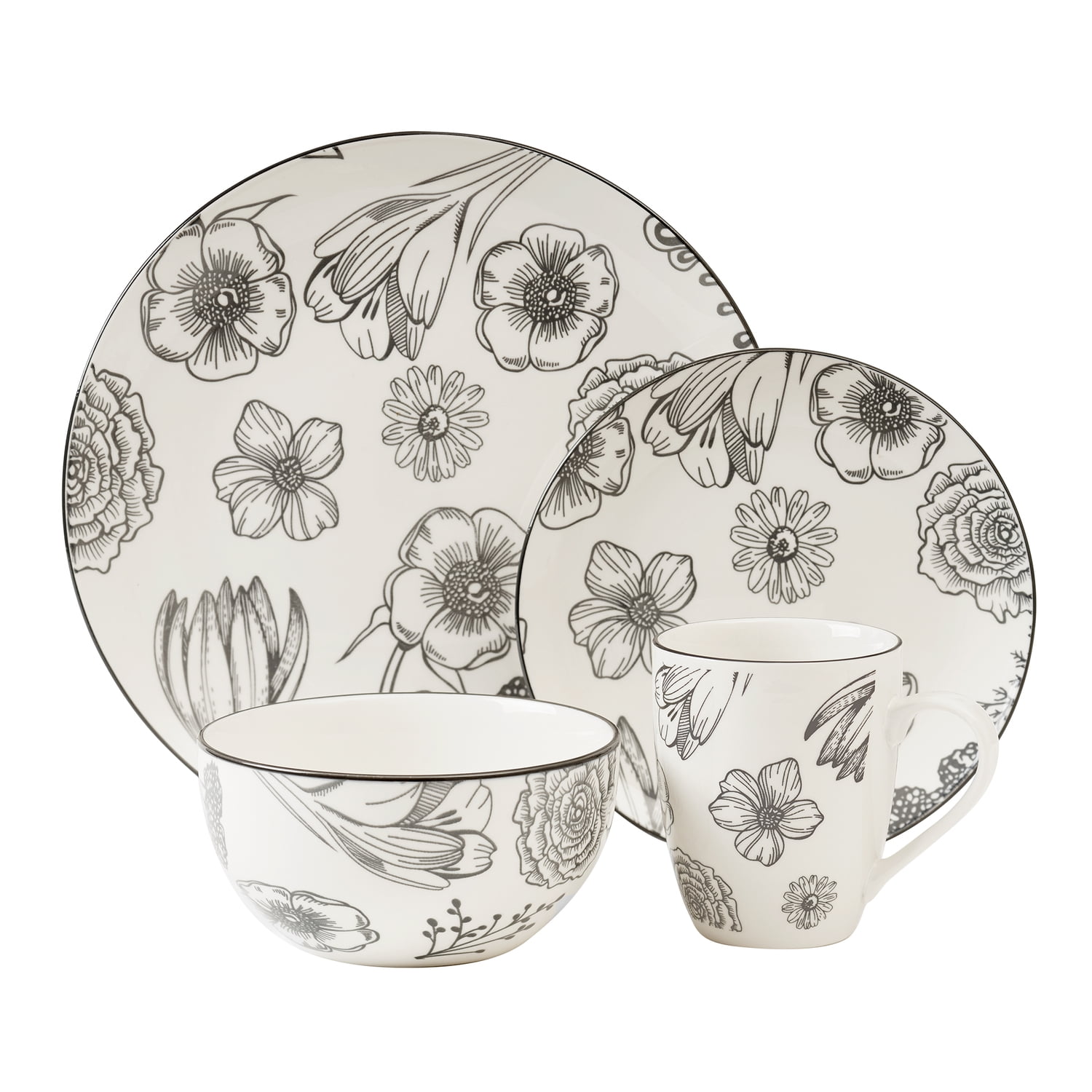 Safdie & Co. Porcelain 16 Piece Dinnerset in Bouquet Sketch - Walmart.com