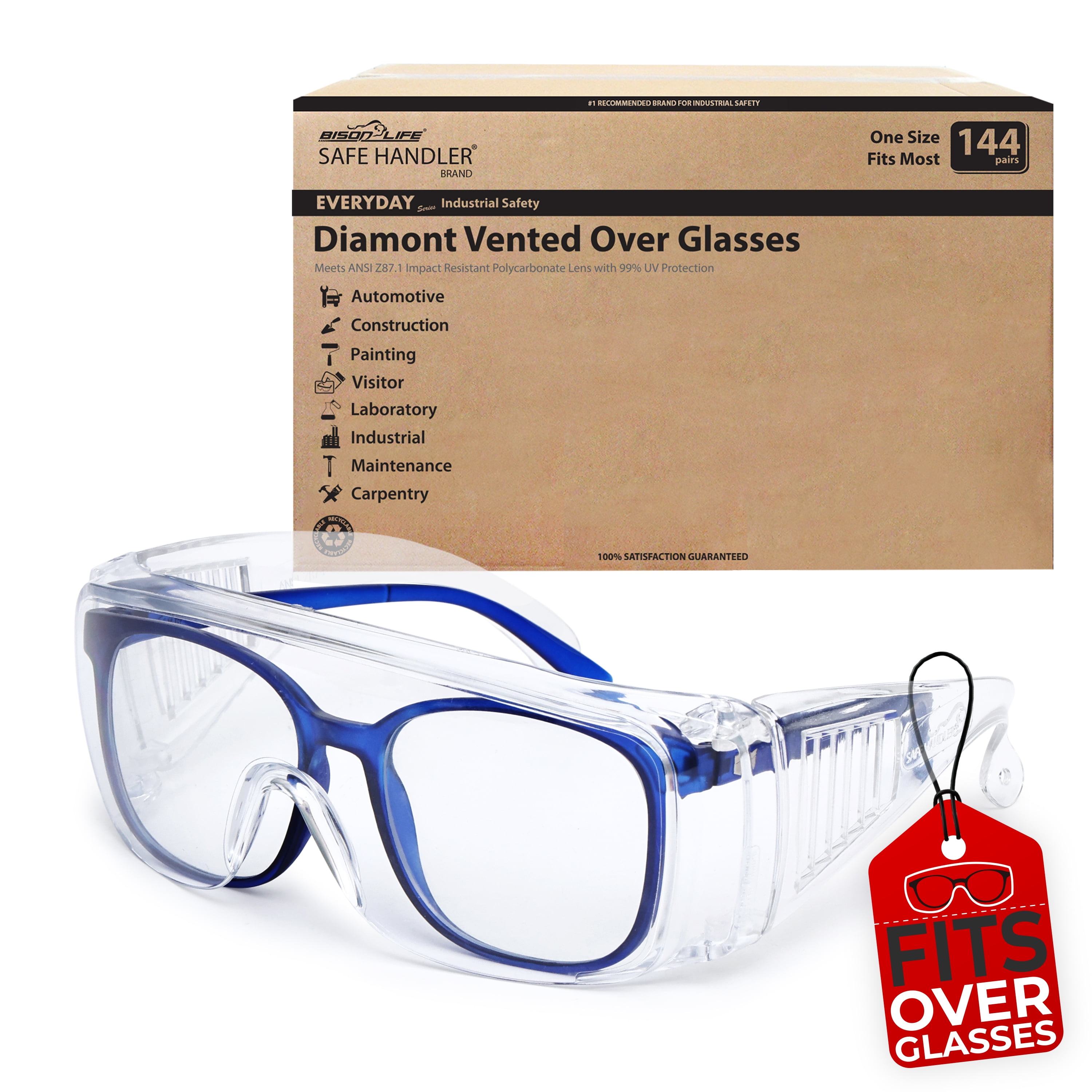 Safe Handler Diamont Vented Clear Safety Glasses Over Glasses for Men ...