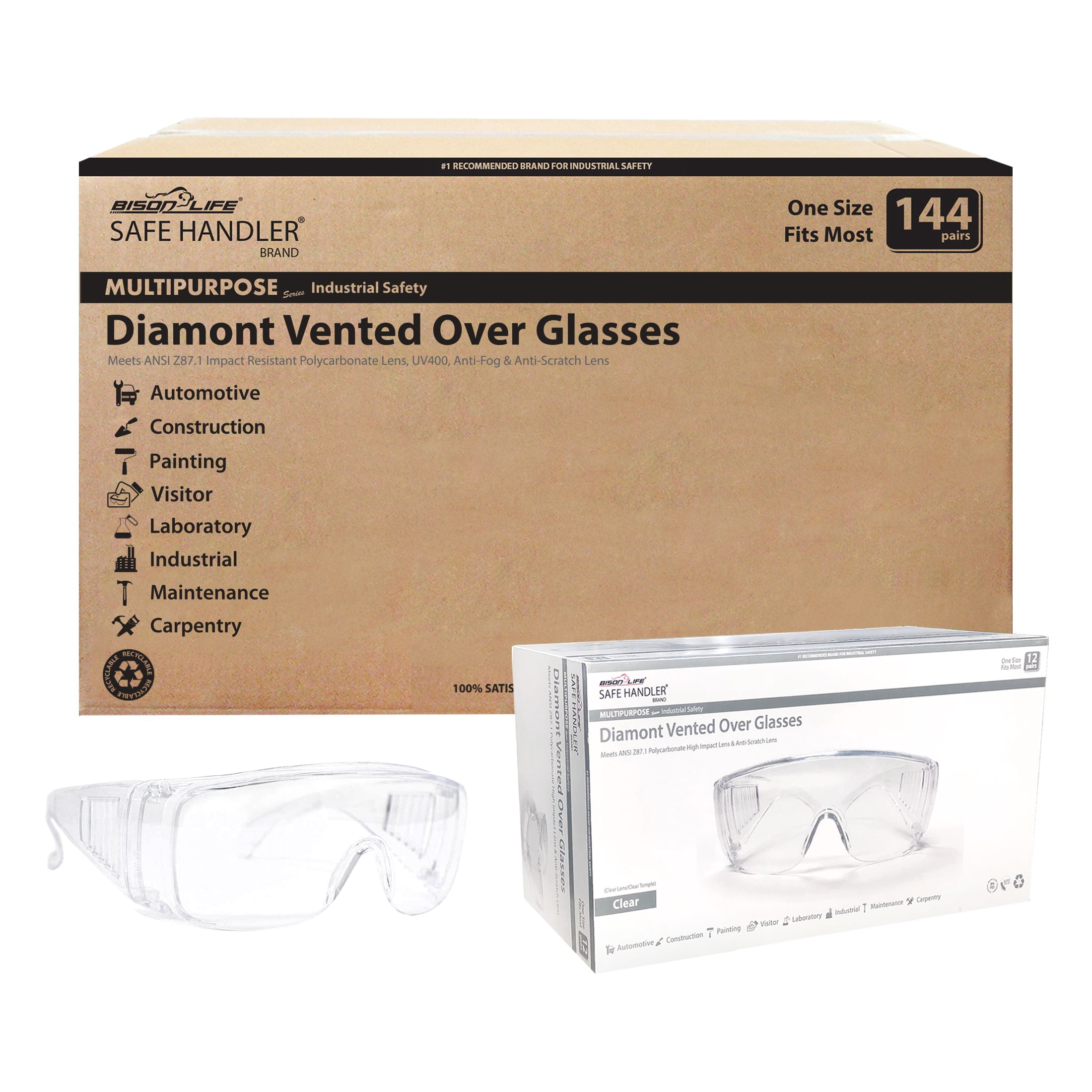 Safe Handler Diamont Vented Clear Safety Glasses Over Glasses for Men ...