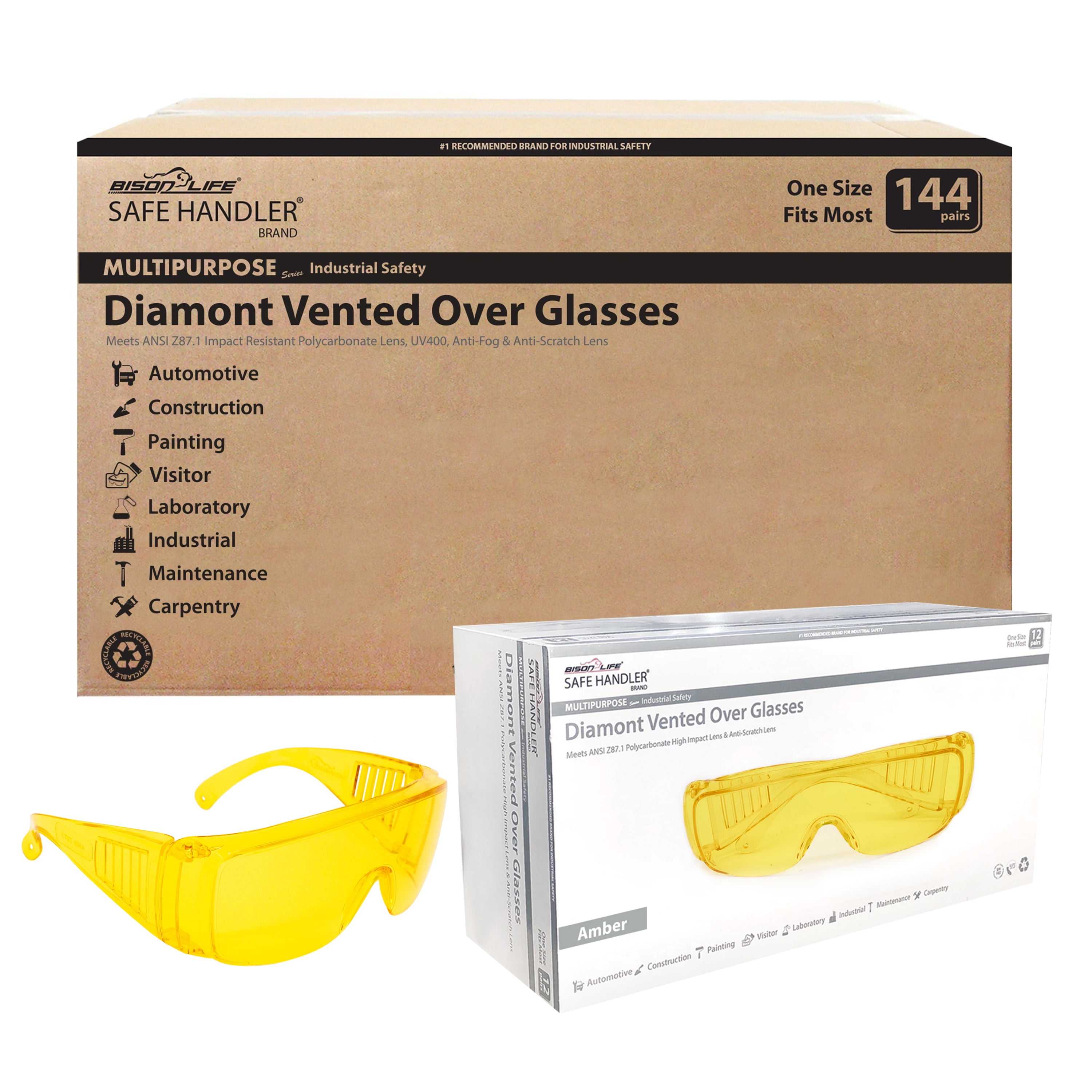 Safe Handler Diamont Vented Over Safety Glasses, Amber For Men/Women ...