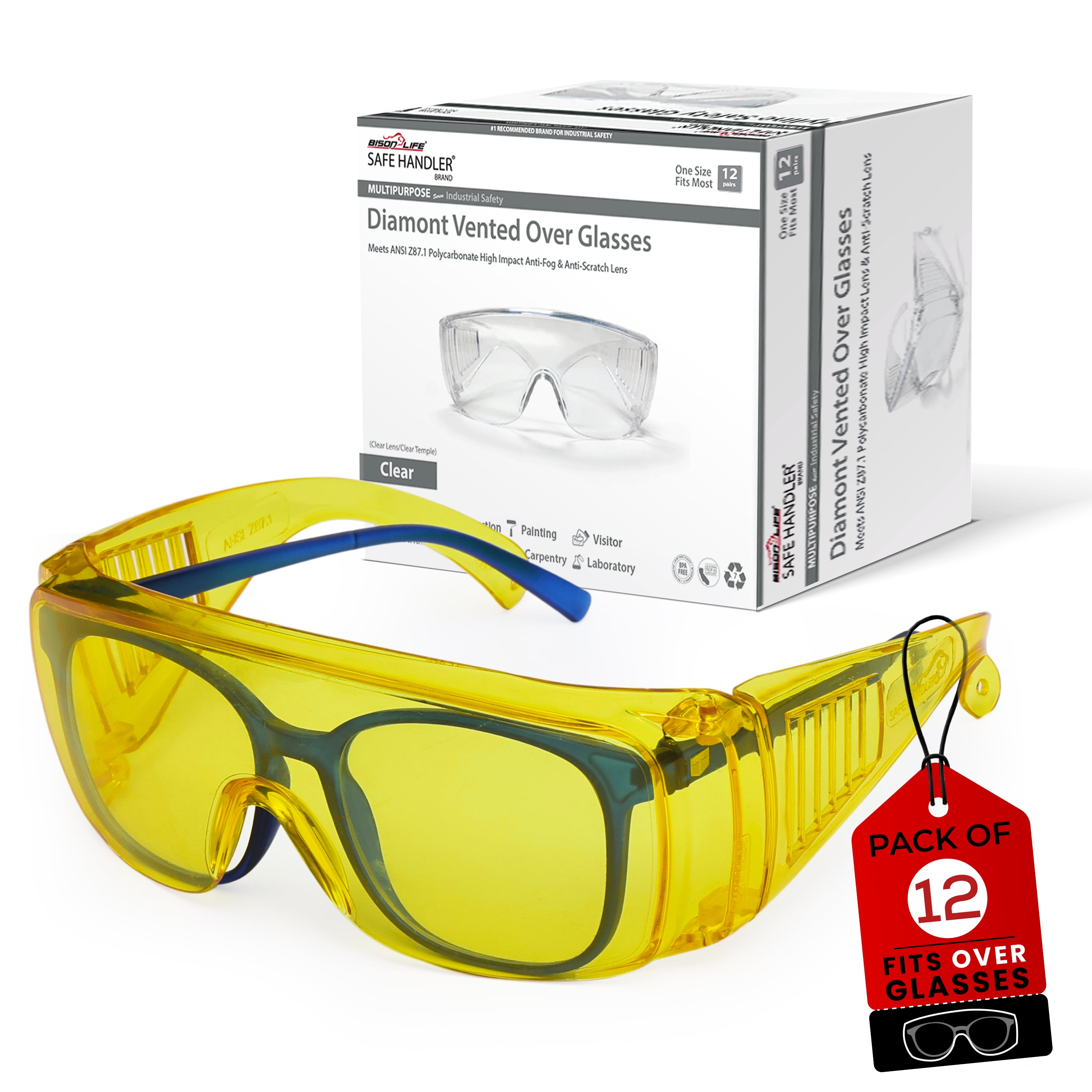 Safe Handler Diamont Vented Over Safety Glasses, For Men/Women, Amber ...