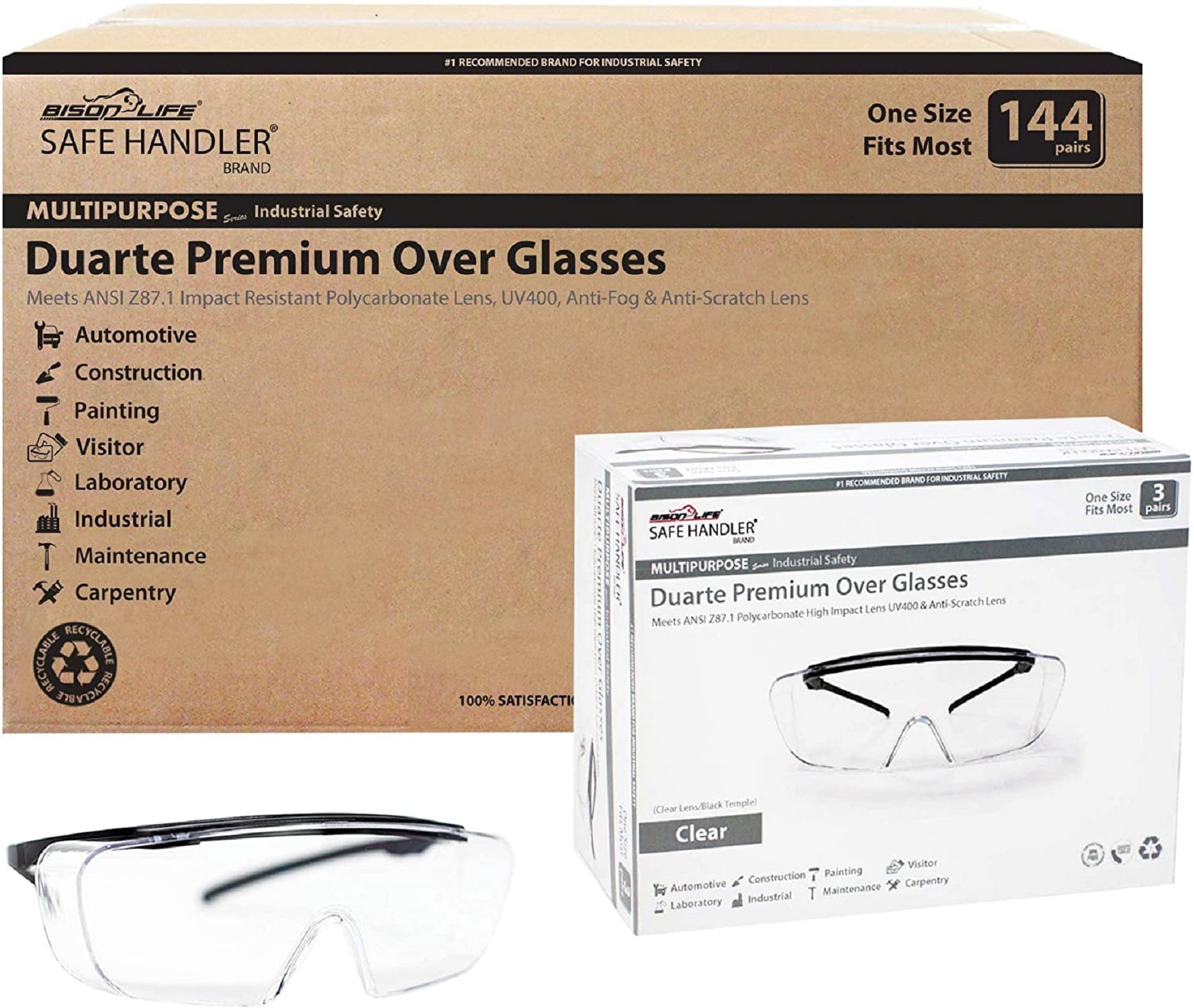 Safe Handler Duarte Safety Glasses Over Eyeglasses, Pack of 144, Anti-Fog & Anti-Scratch, Impact ...