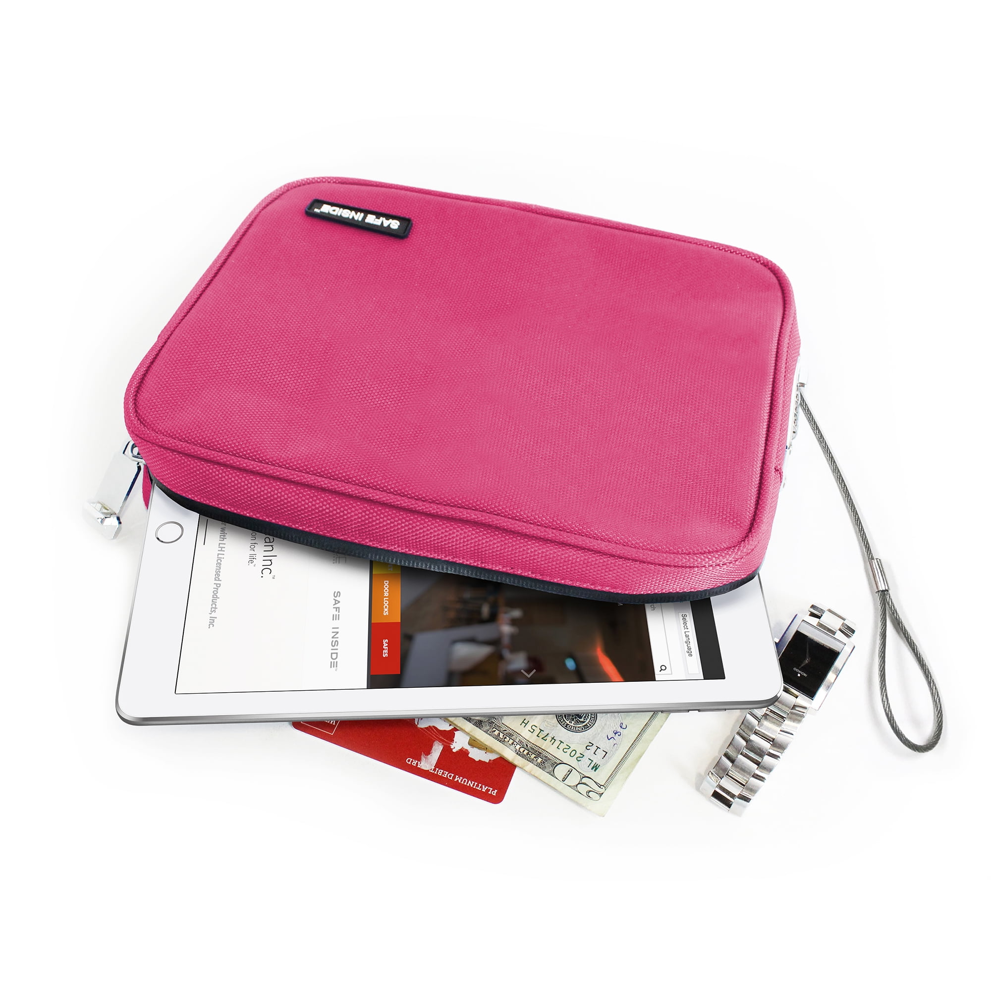 Safe Inside Large Pink Zipper Locking Privacy Pouch with Steel Tether ...