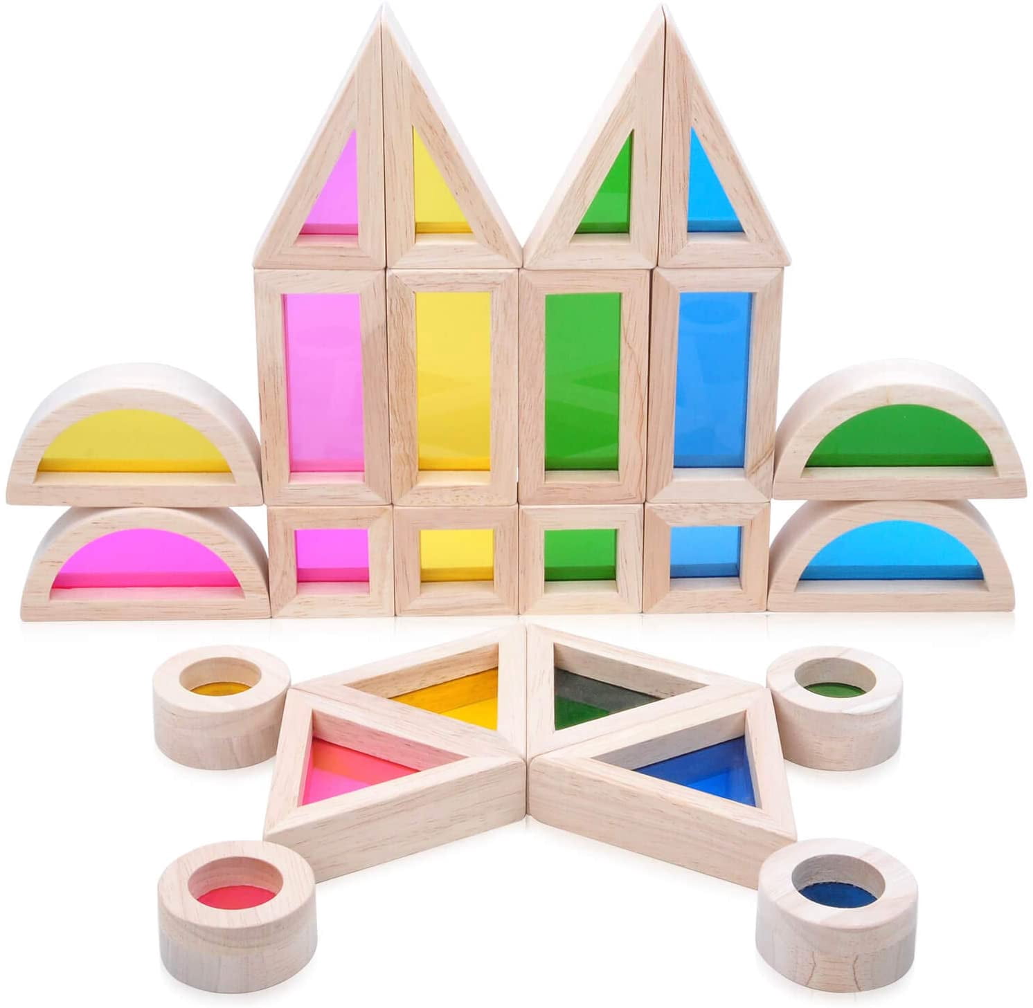 Safe and Sensory Wooden Building Blocks Set 24pcs - Rainbow Stacking ...
