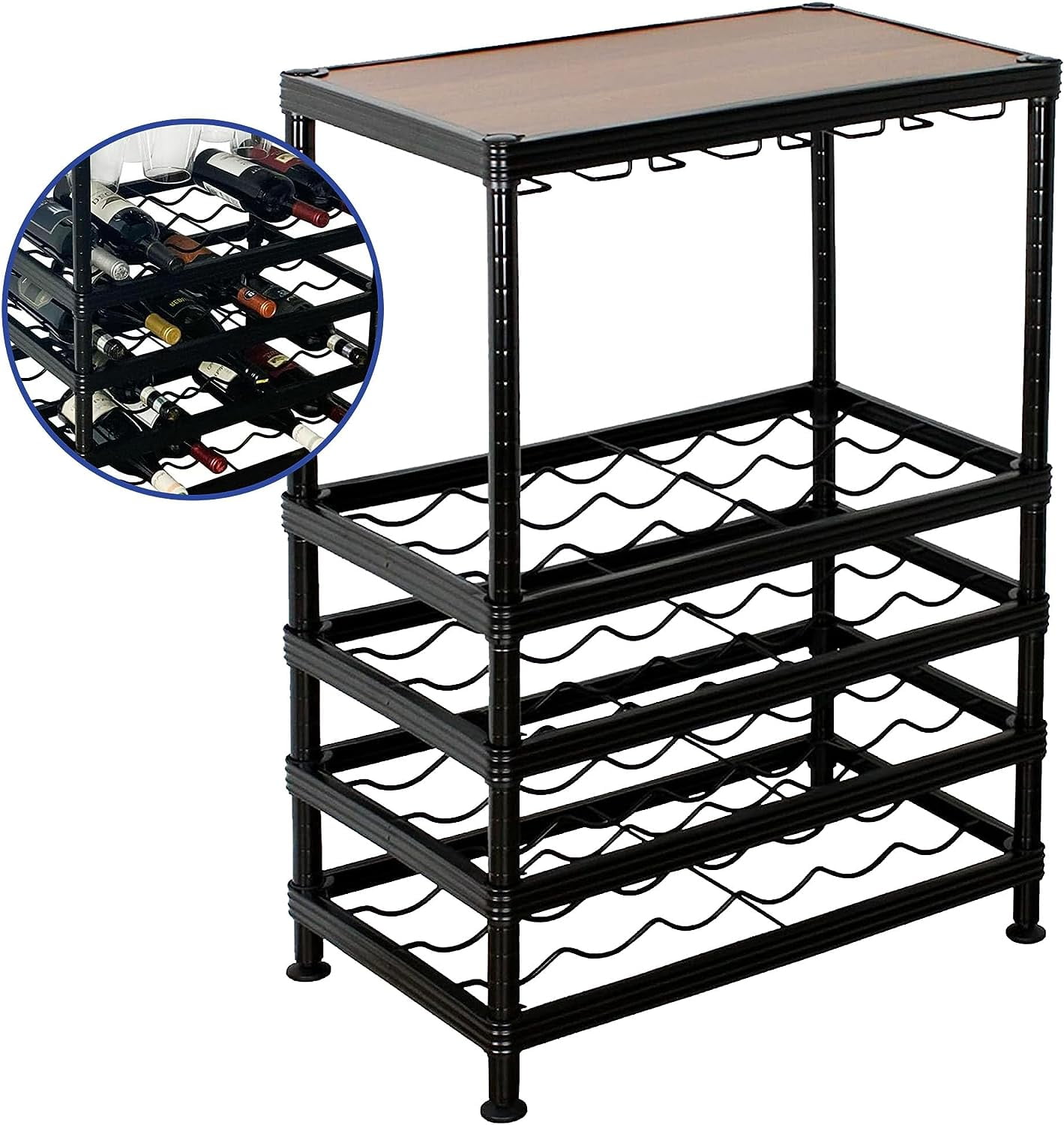 SafeRacks Freestanding Wine Rack with Wood Table Top and Glass Holder ...