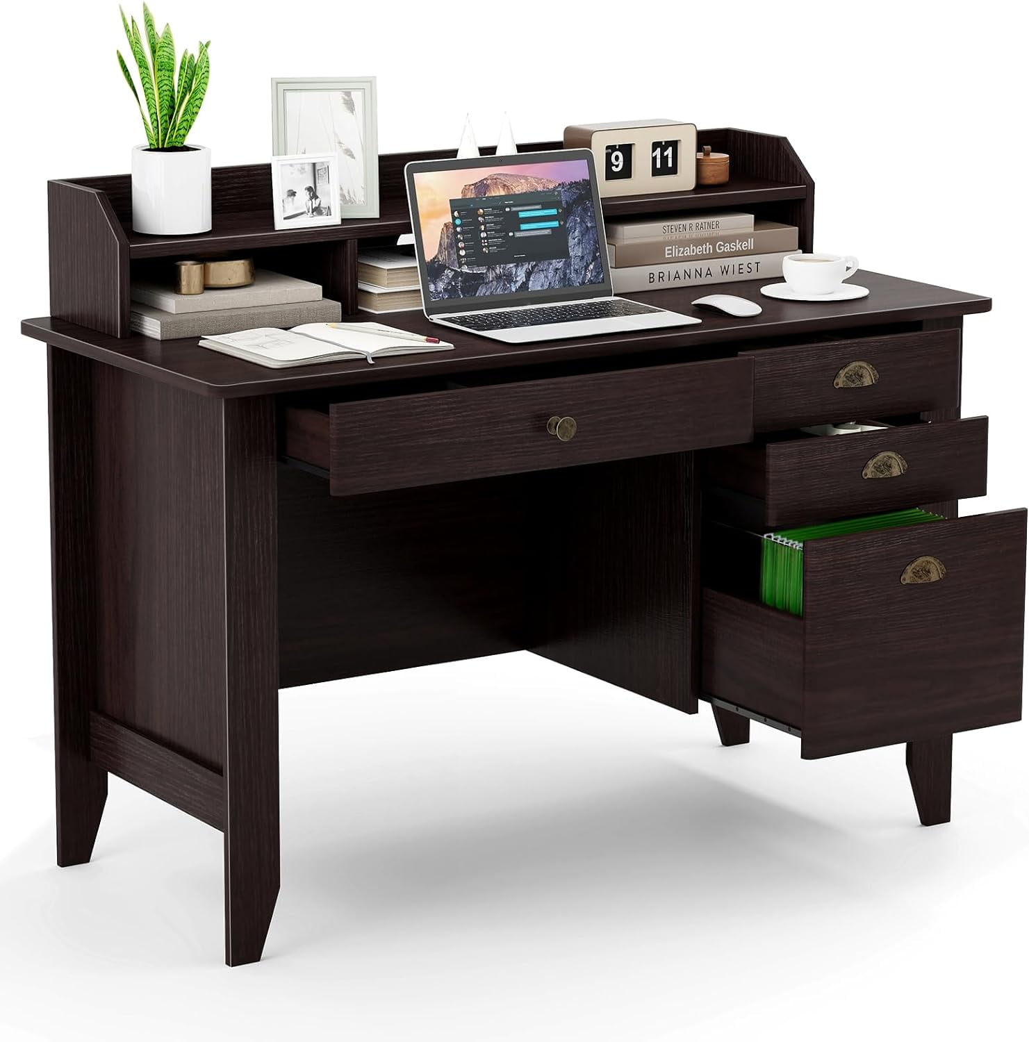 Safeplus 48" Computer Desk with 4 Storage Drawers and Hutch Wood ...