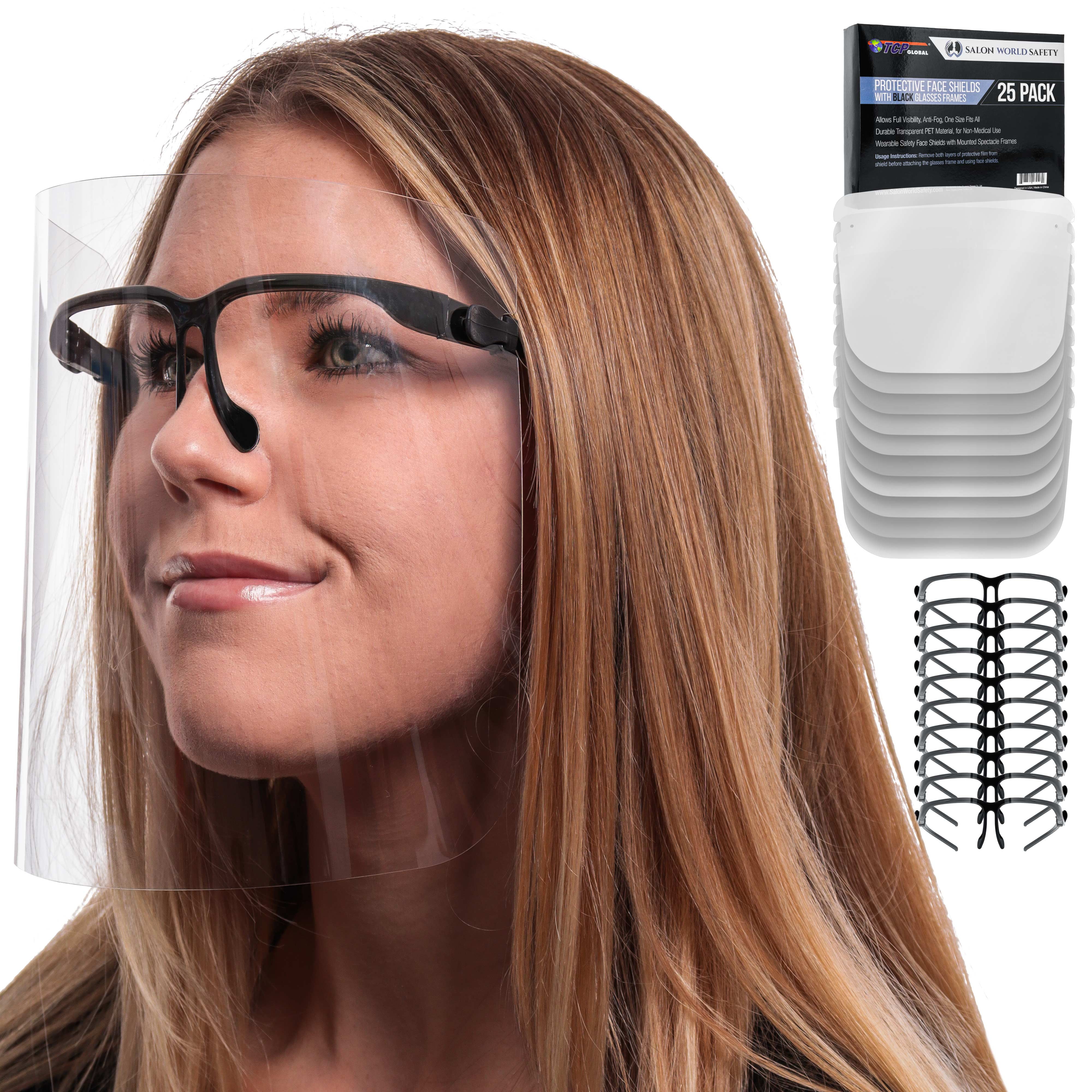 Salon World Safety Face Shields Pack of 25, Black Glasses Frames, Anti ...