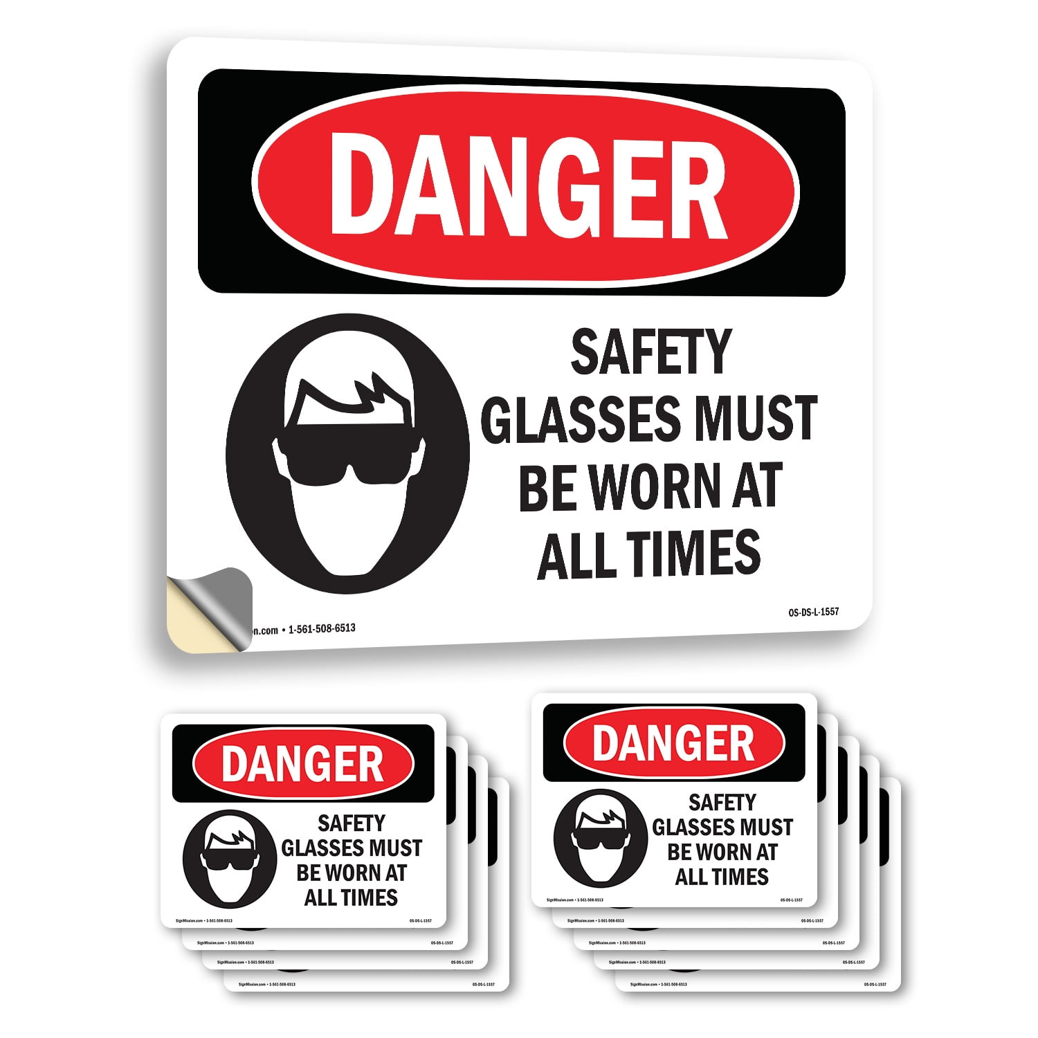 Safety Glasses Must Be Worn At All Times OSHA Danger Vinyl Decal Label ...