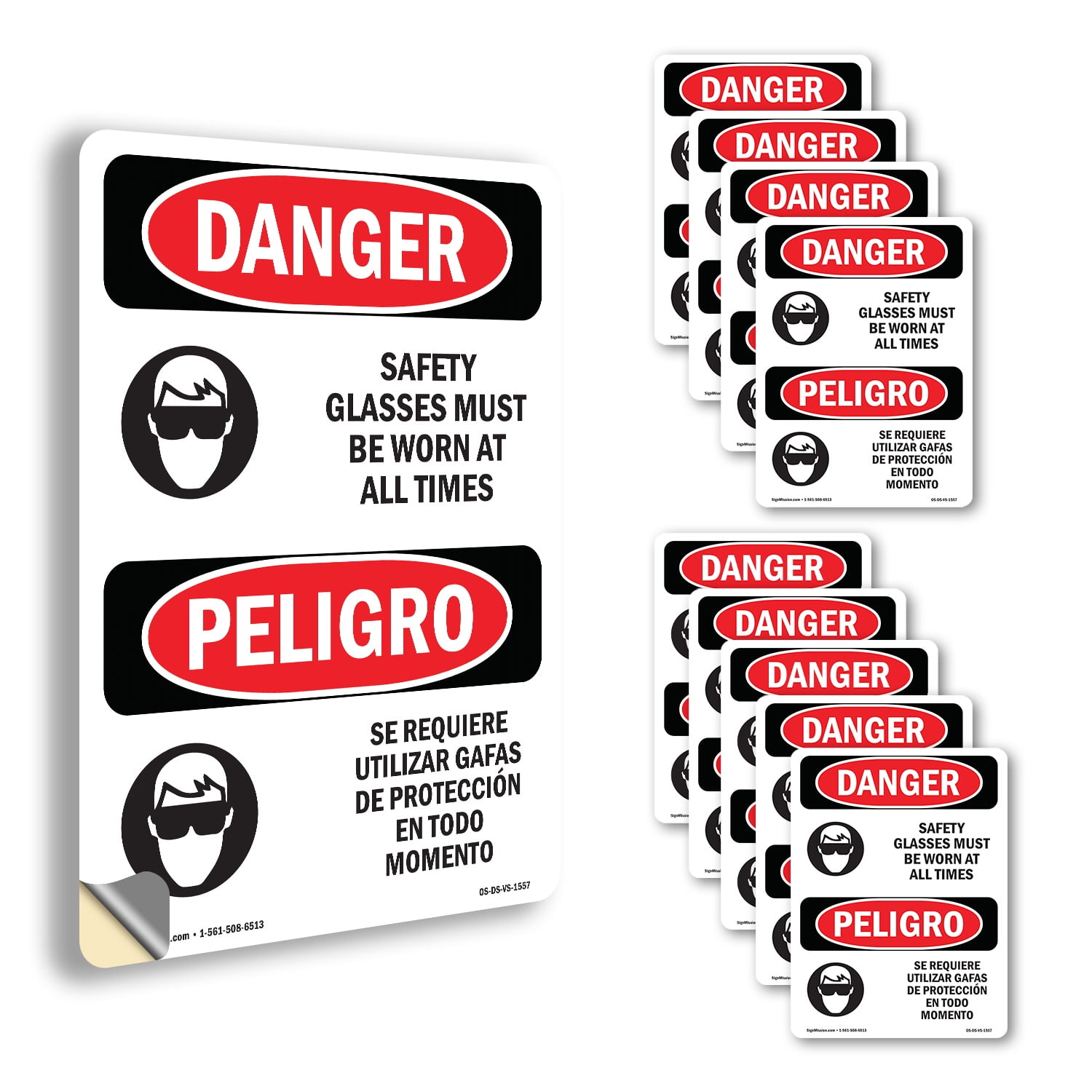 Safety Glasses Must Be Worn Bilingual OSHA Danger Vinyl Decal Label 10 ...