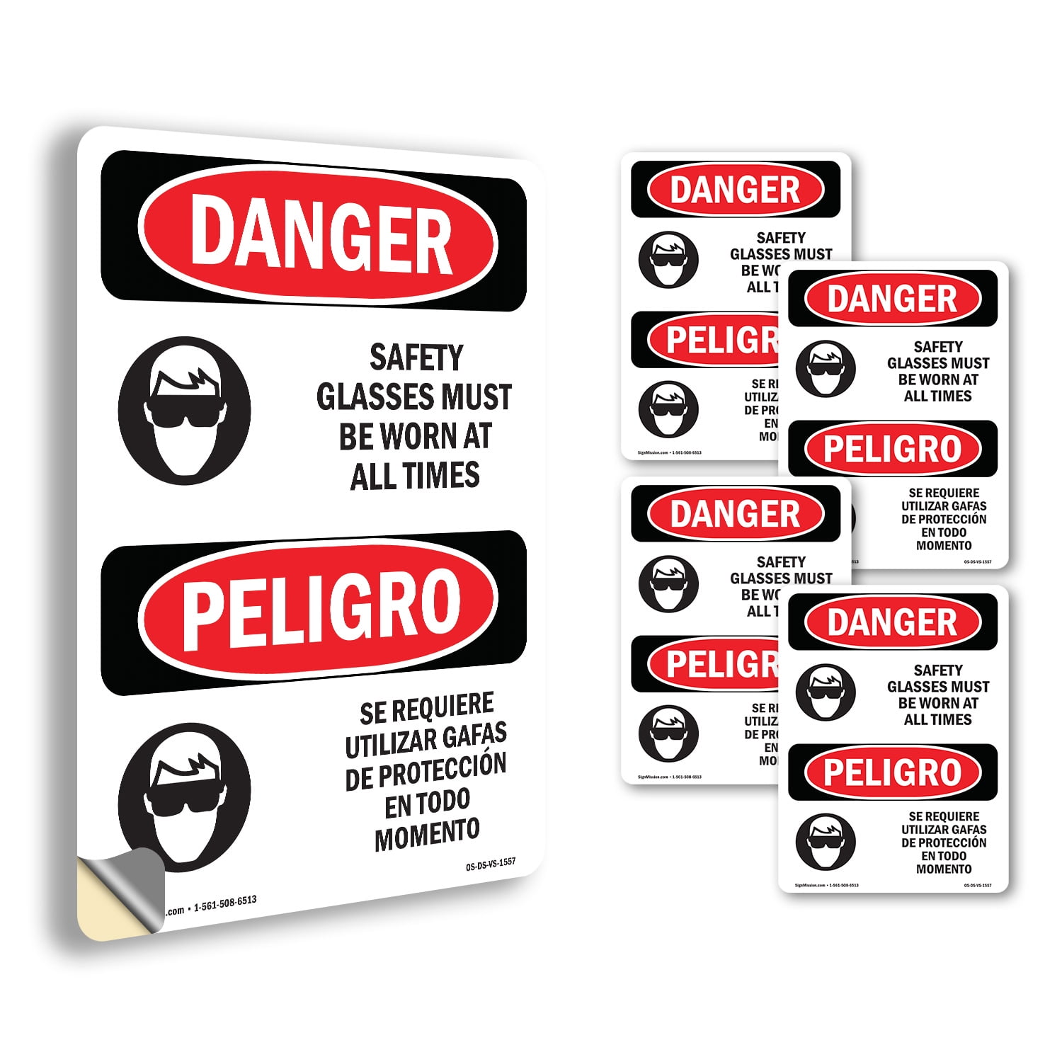 Safety Glasses Must Be Worn Bilingual OSHA Danger Vinyl Decal Label 18 ...