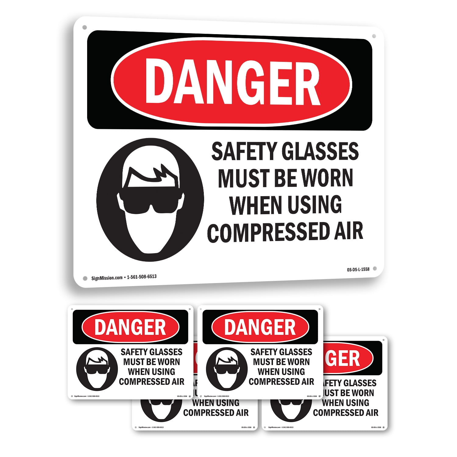 Safety Glasses Must Be Worn Compressed Air OSHA Danger Rigid Plastic ...