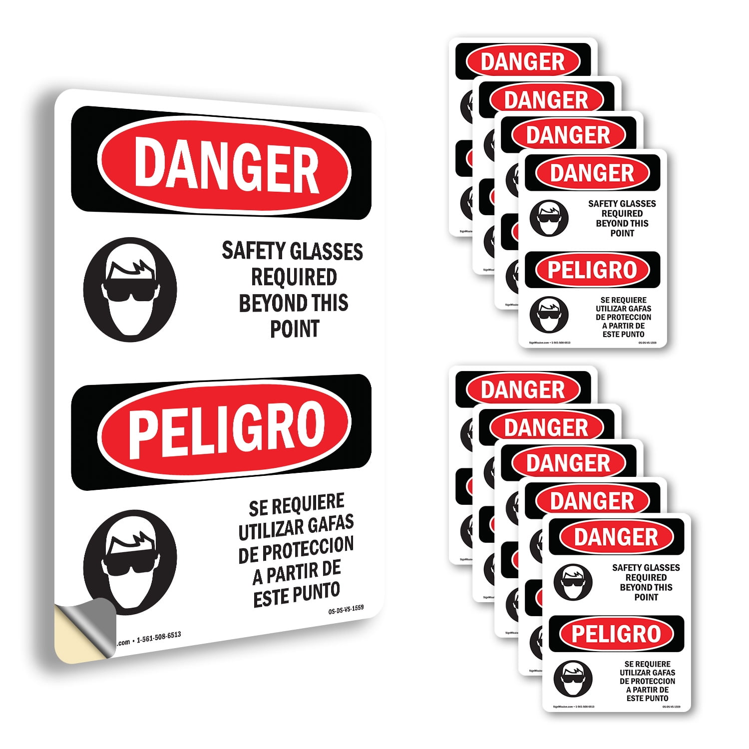 Safety Glasses Required Beyond Bilingual OSHA Danger Vinyl Decal Label ...