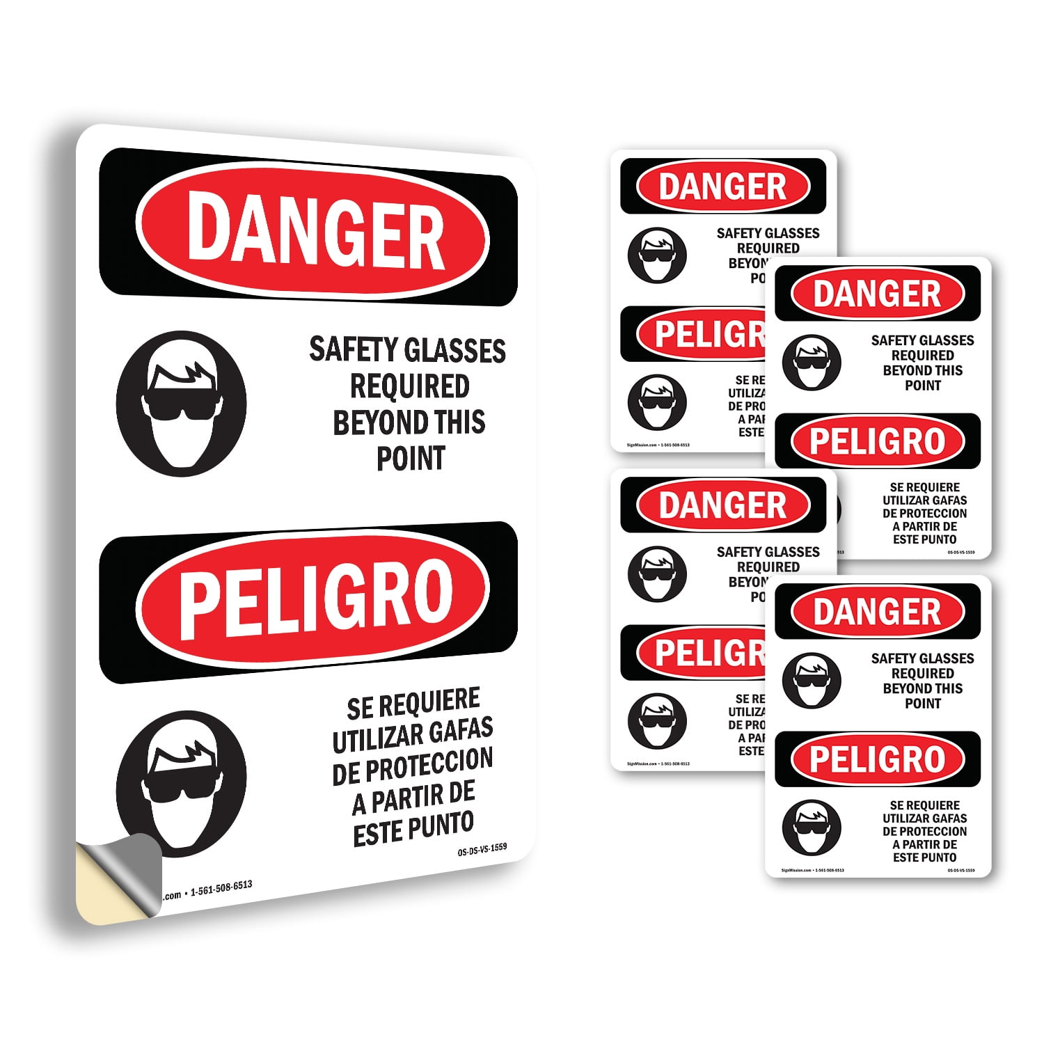 Safety Glasses Required Beyond Bilingual OSHA Danger Vinyl Decal Label ...